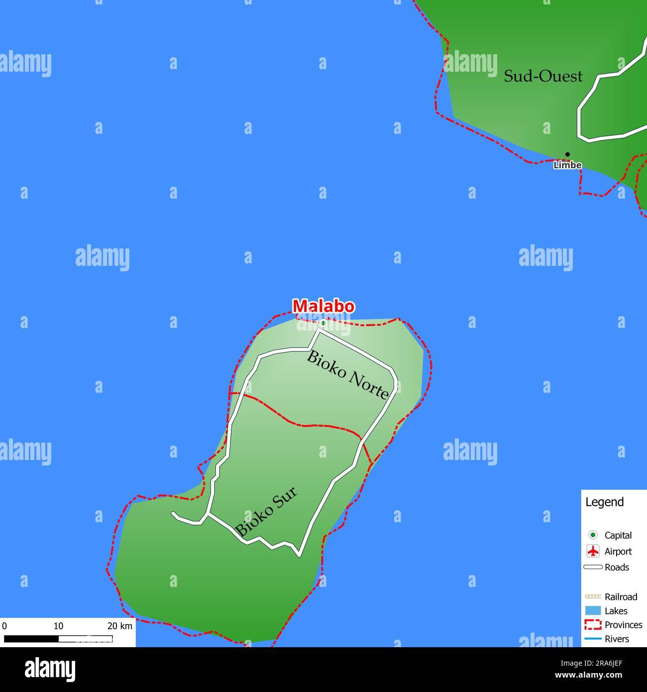 Map of the capital city Malabo with main streets, rivers, lakes, urban ...