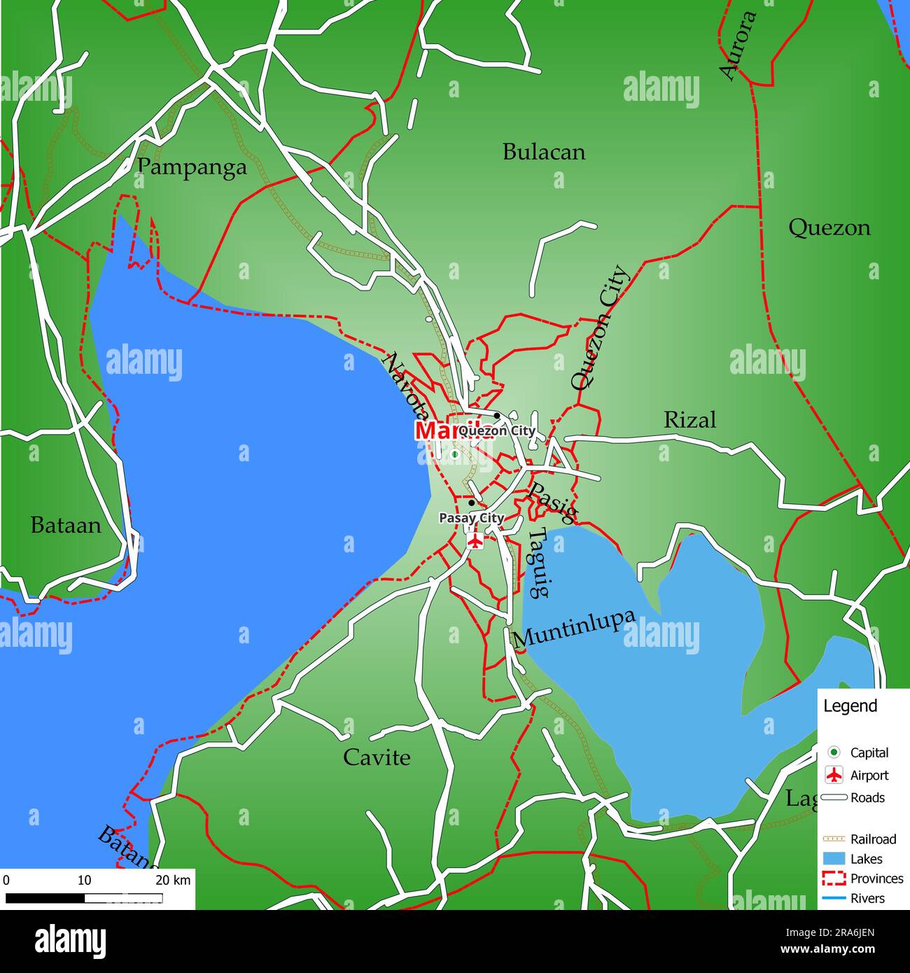 Map of the capital city Manila with main streets, rivers, lakes, urban ...