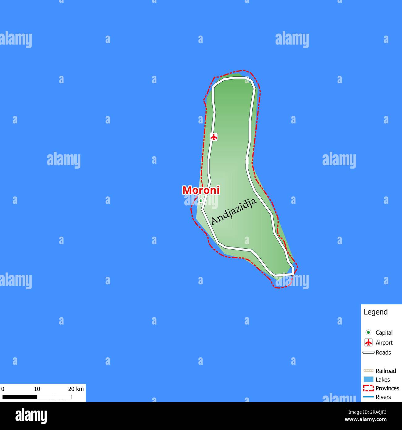 Map of the capital city Moroni with main streets, rivers, lakes, urban ...