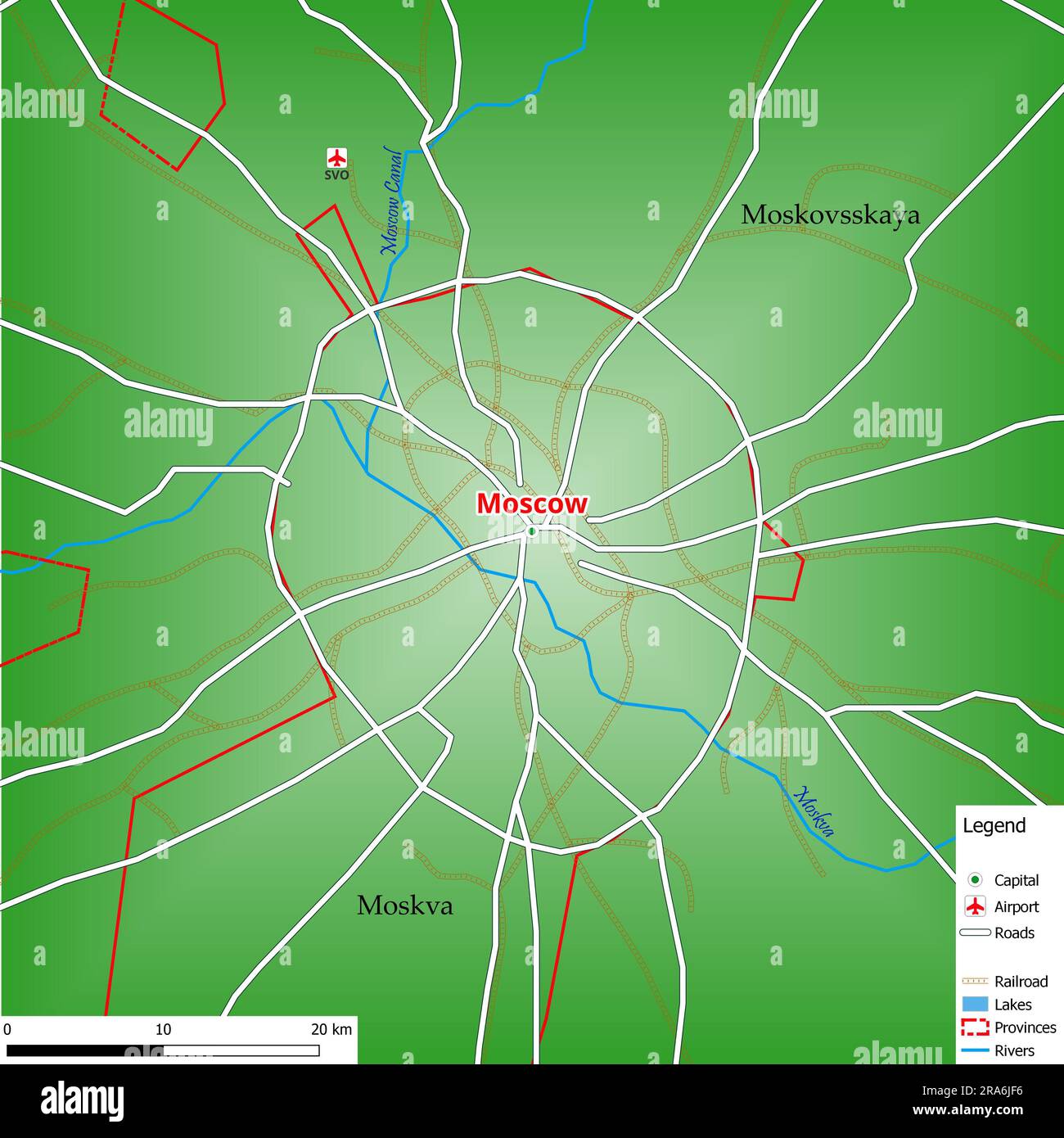 Map of the capital city Moscow with main streets, rivers, lakes, urban ...