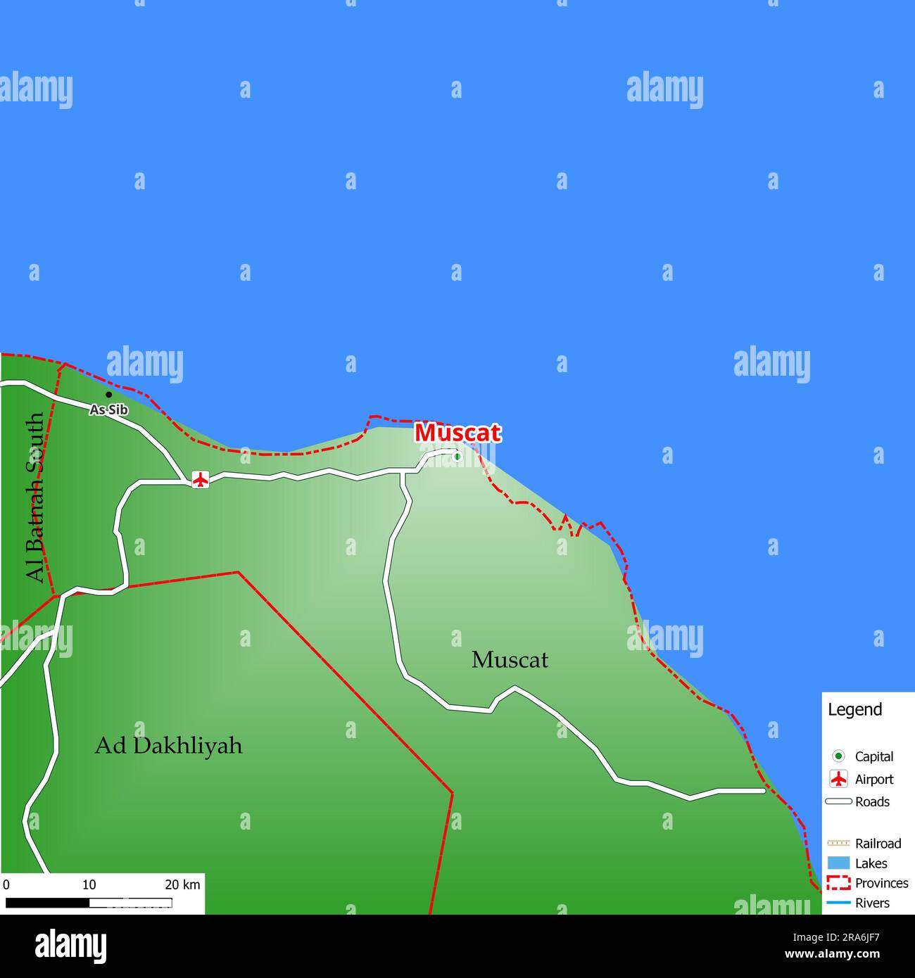 Map of the capital city Muscat with main streets, rivers, lakes, urban ...