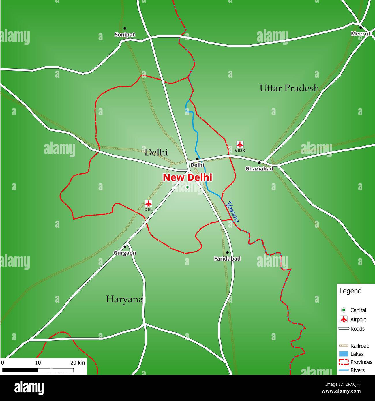 Map of the capital city New Delhi with main streets, rivers, lakes ...