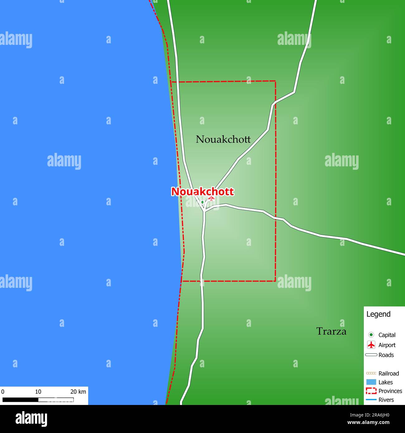 Map of the capital city Nouakchott with main streets, rivers, lakes ...