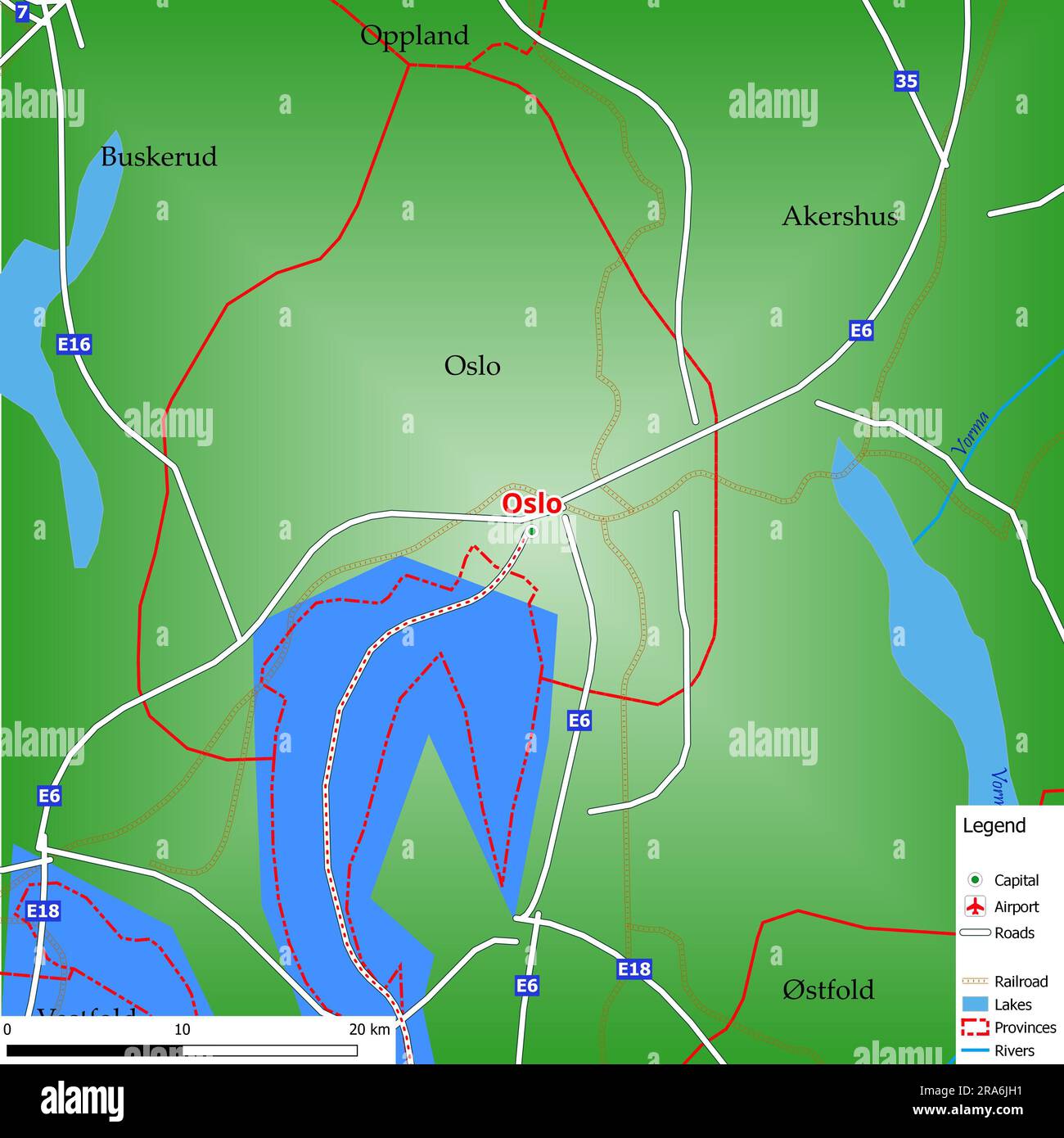 Map of the capital city Oslo with main streets, rivers, lakes, urban ...