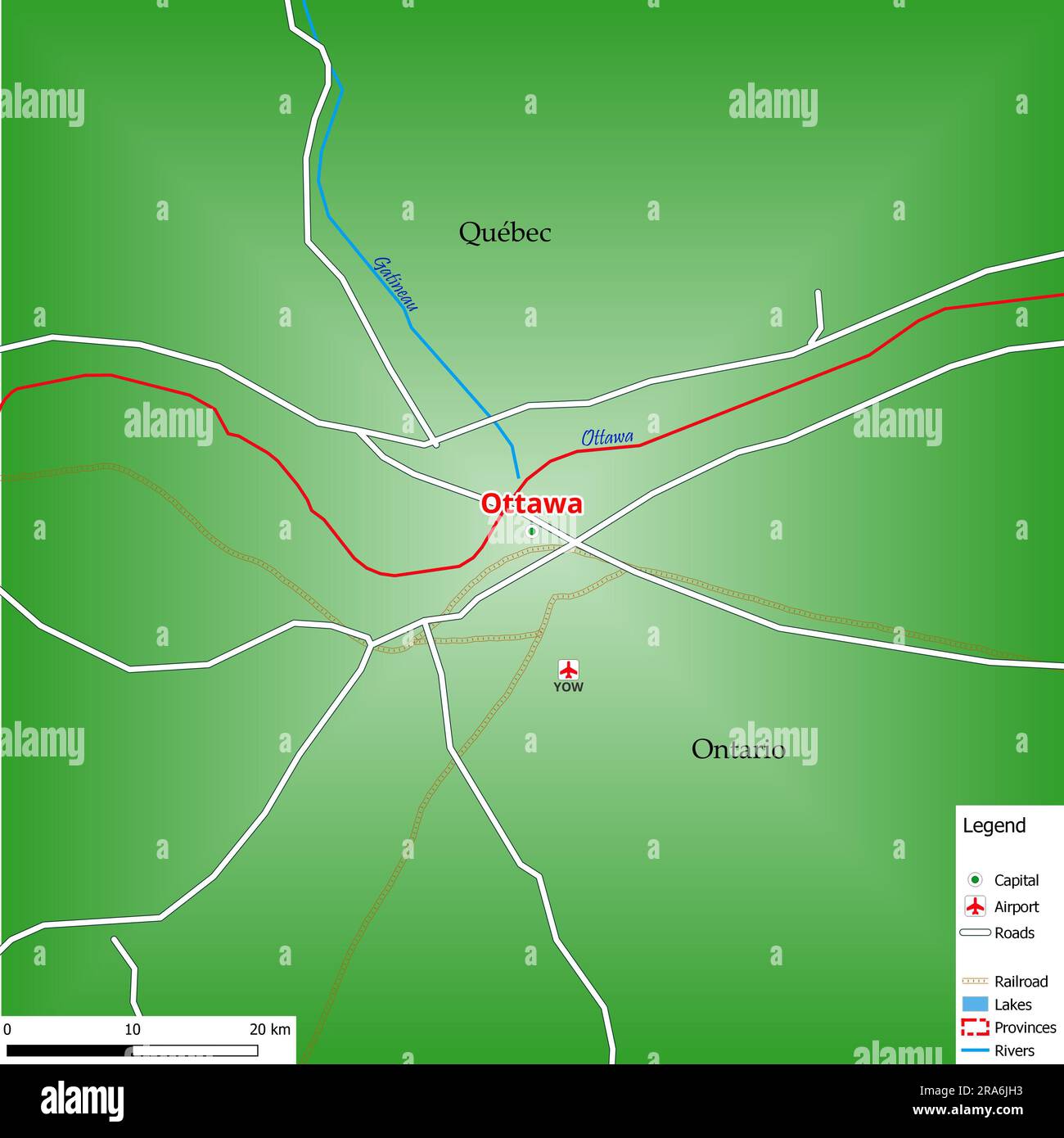Map of the capital city Ottawa with main streets, rivers, lakes, urban ...