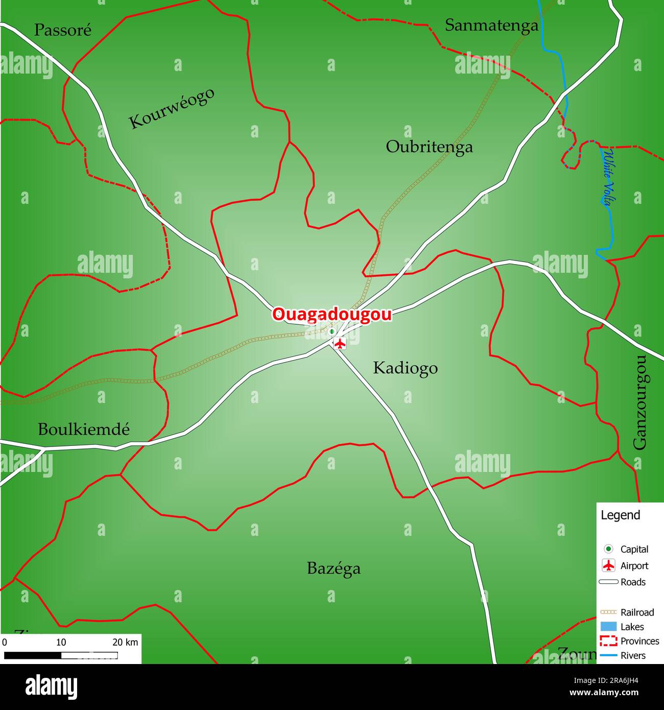 Map of the capital city Ouagadougou with main streets, rivers, lakes ...