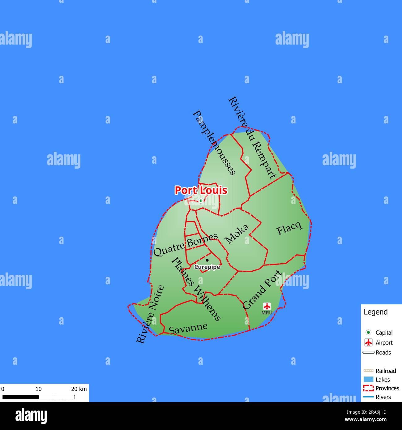 Map of the capital city Port Louis with main streets, rivers, lakes ...