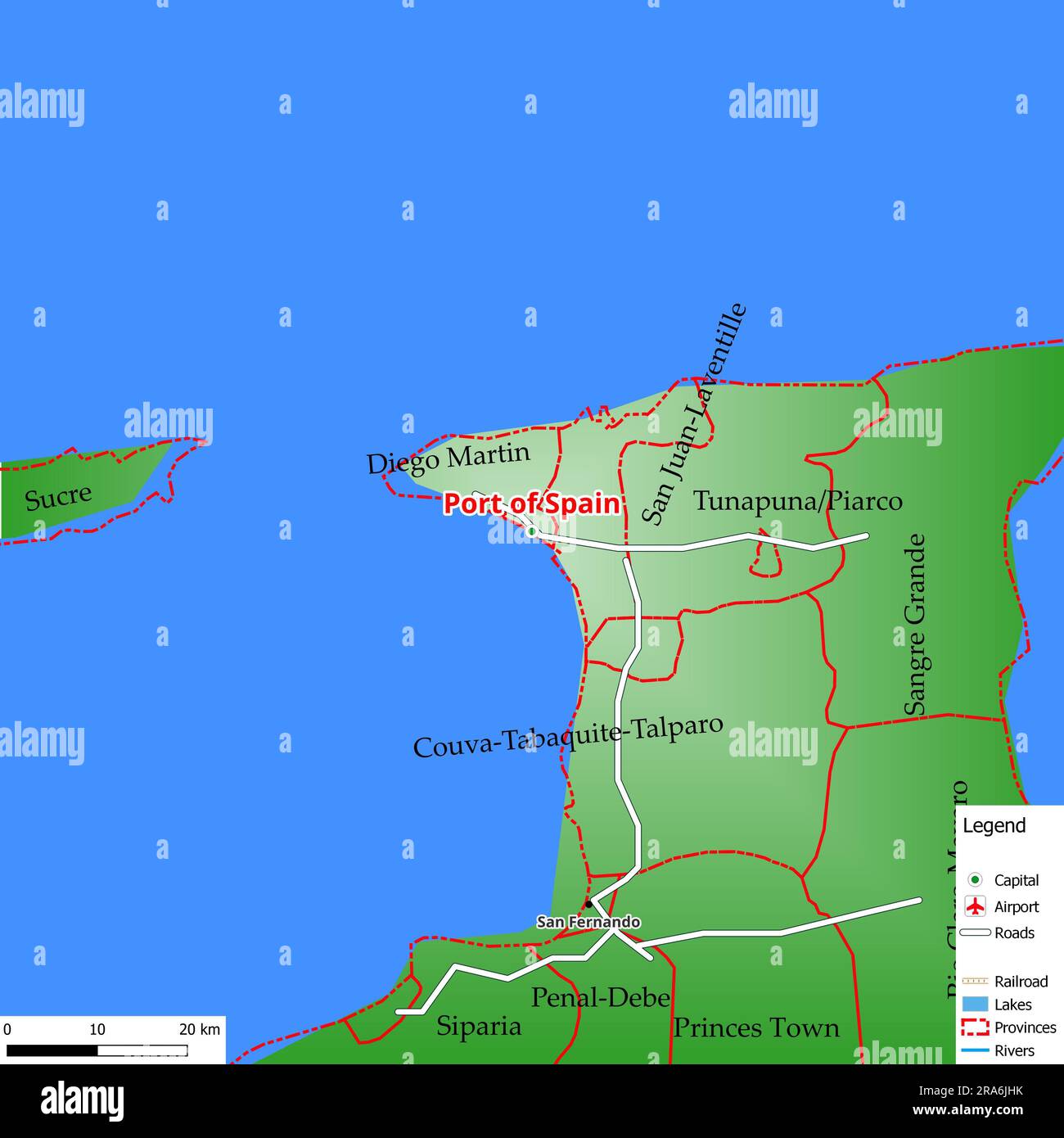Map of the capital city Port-of-Spain with main streets, rivers, lakes ...