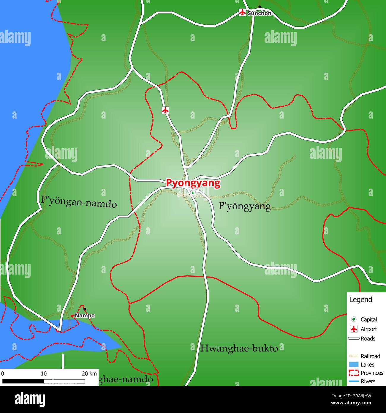 Map of the capital city Pyongyang with main streets, rivers, lakes ...
