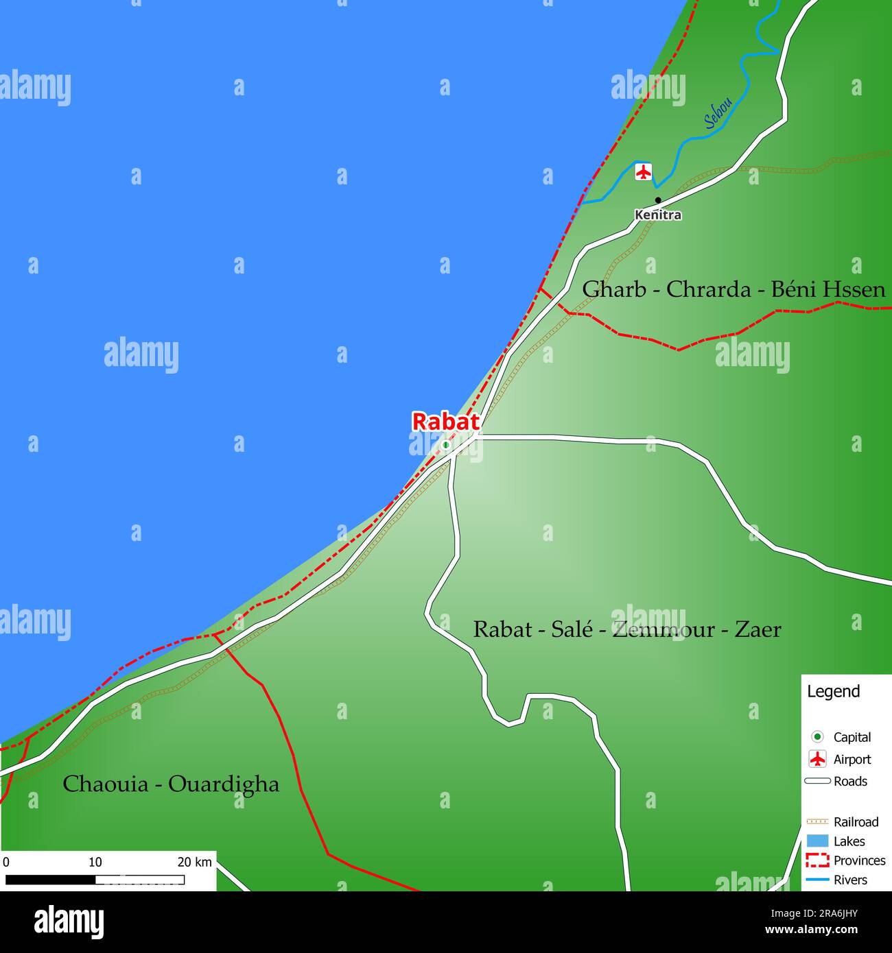 Map of the capital city Rabat with main streets, rivers, lakes, urban ...