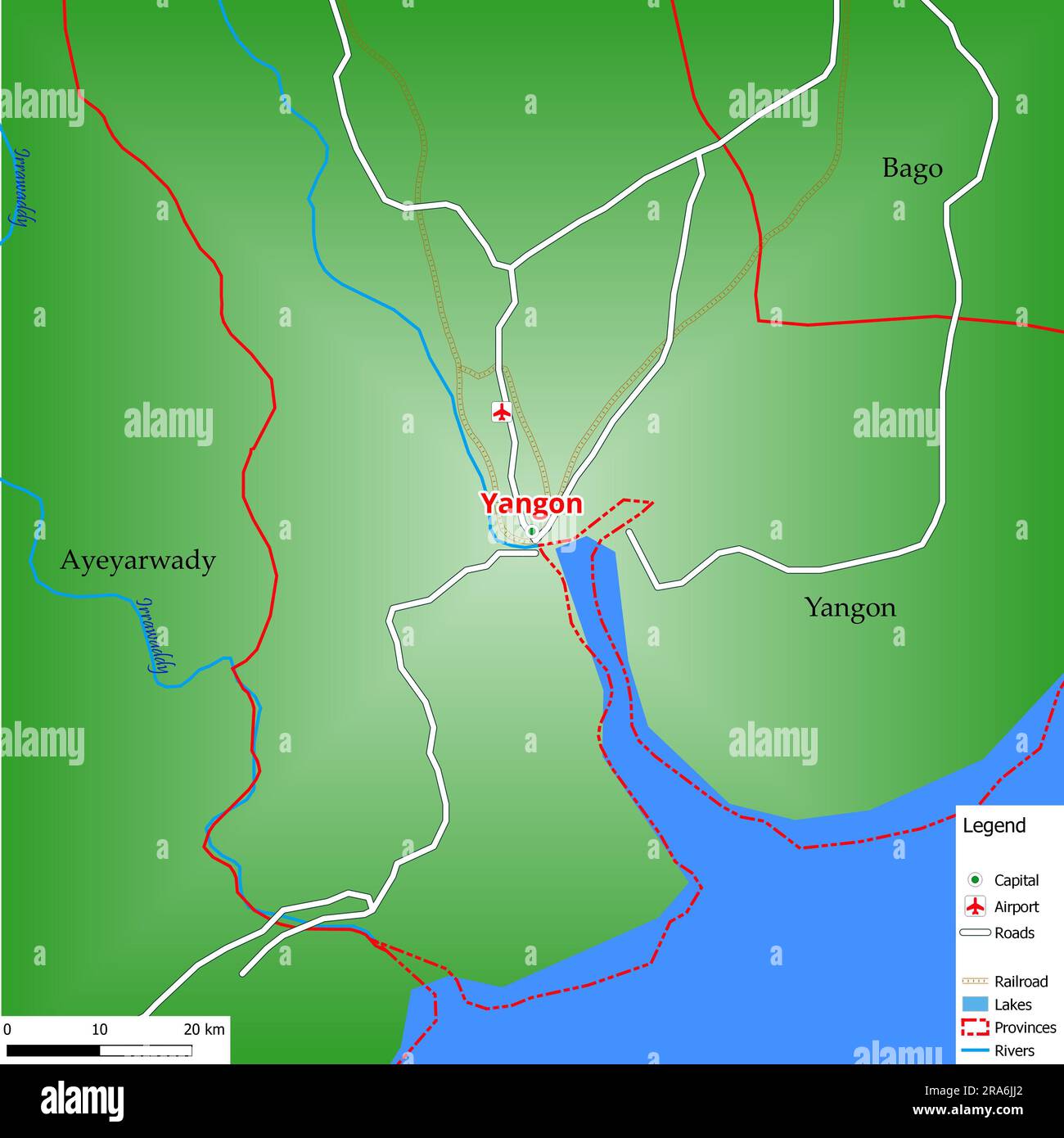 Map of the capital city Rangoon with main streets, rivers, lakes, urban areas and names of ...