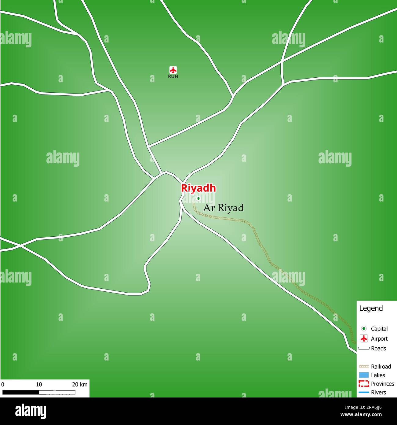 Map of the capital city Riyadh with main streets, rivers, lakes, urban ...