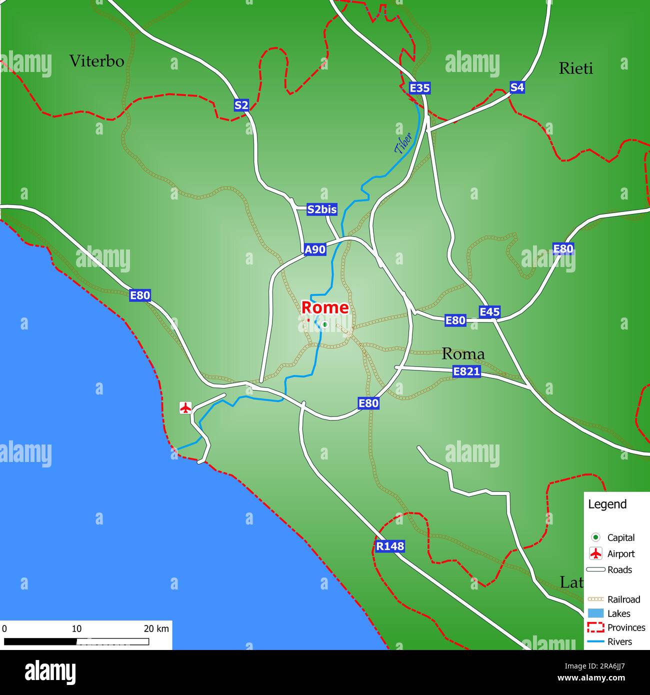 Map of the capital city Rome with main streets, rivers, lakes, urban ...