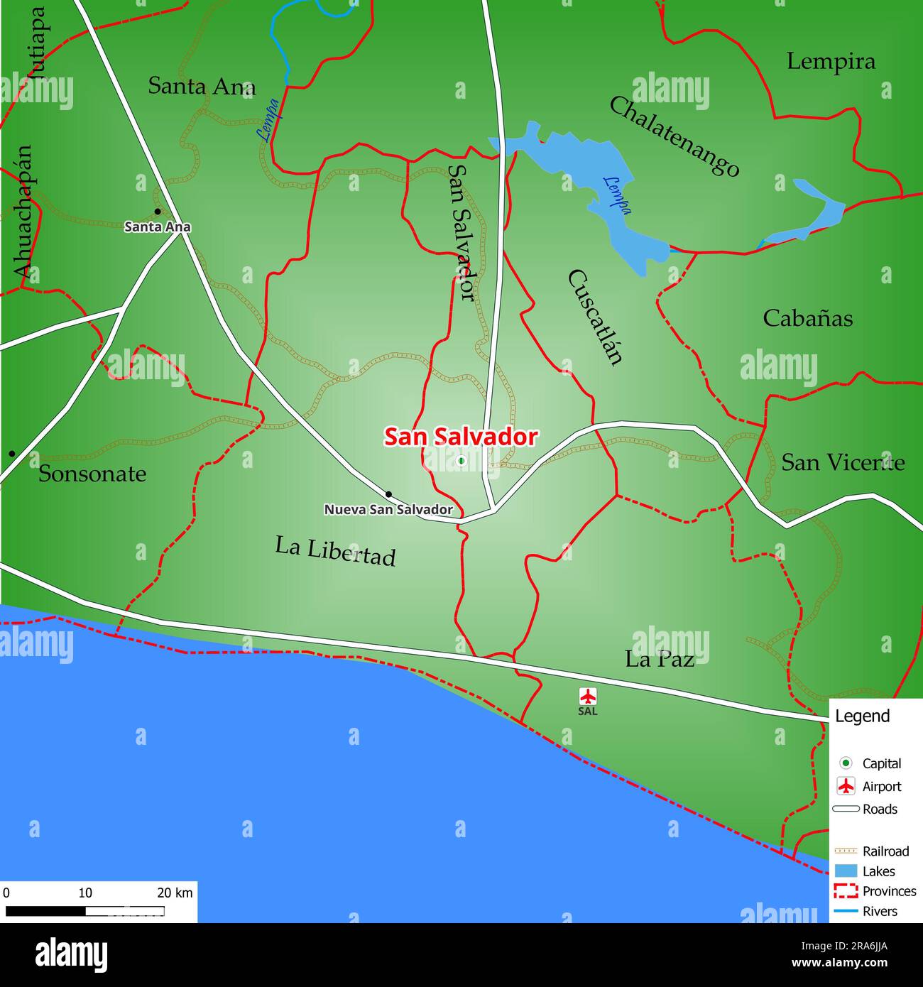 Map of the capital city San Salvador with main streets, rivers, lakes ...