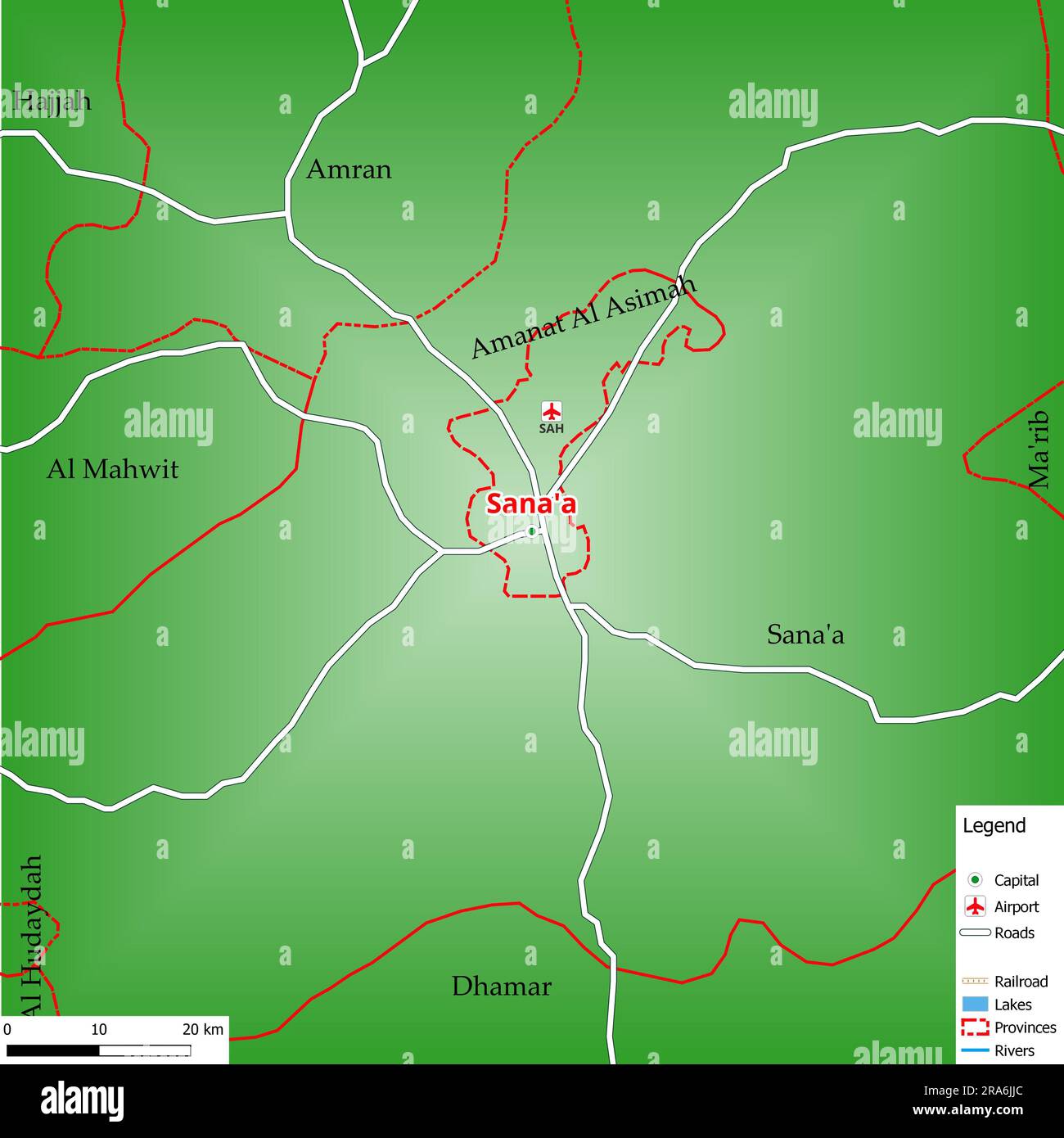 Map of the capital city Sanaa with main streets, rivers, lakes, urban ...