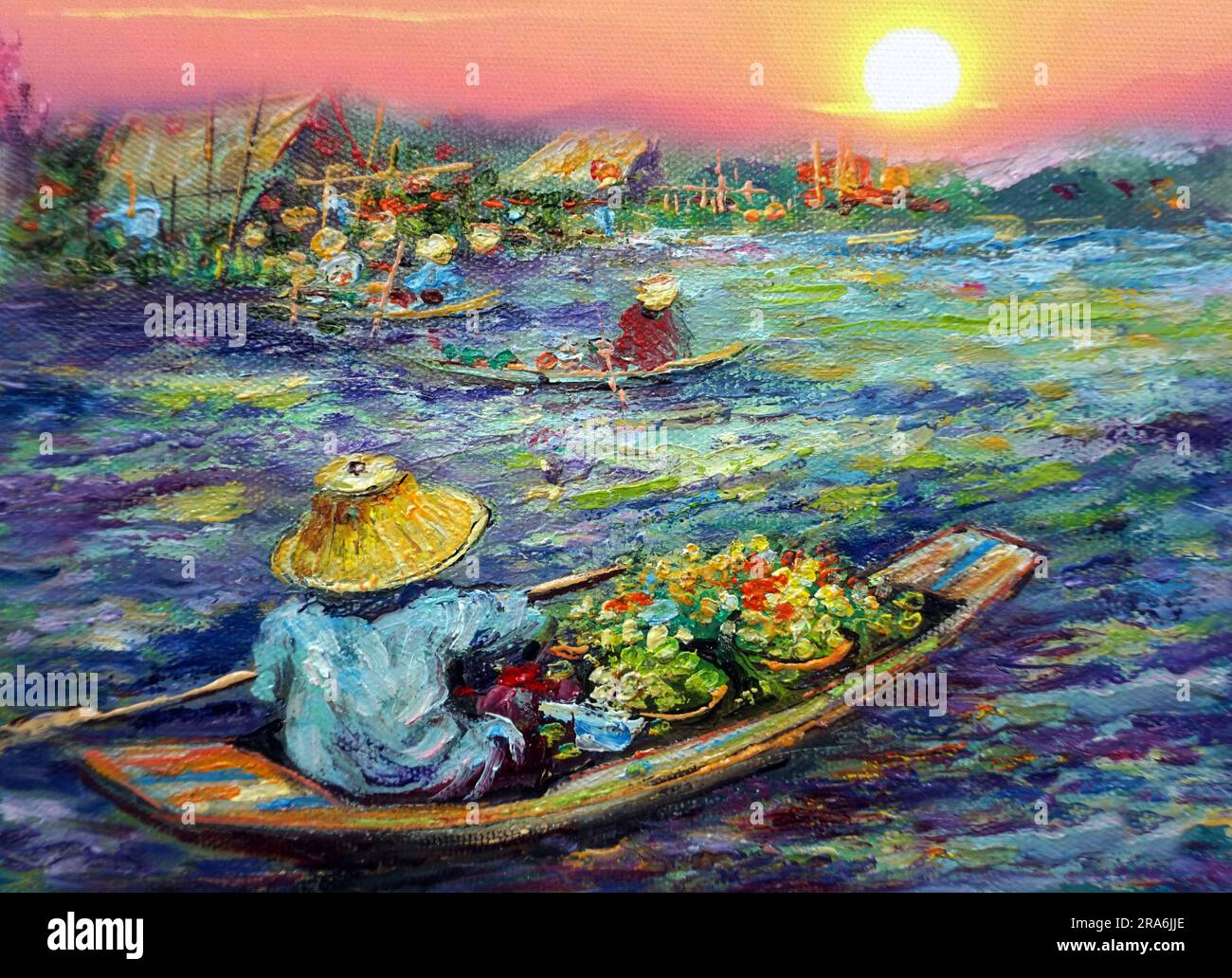 Art painting Oil color Floating market Thailand countryside Stock Photo ...