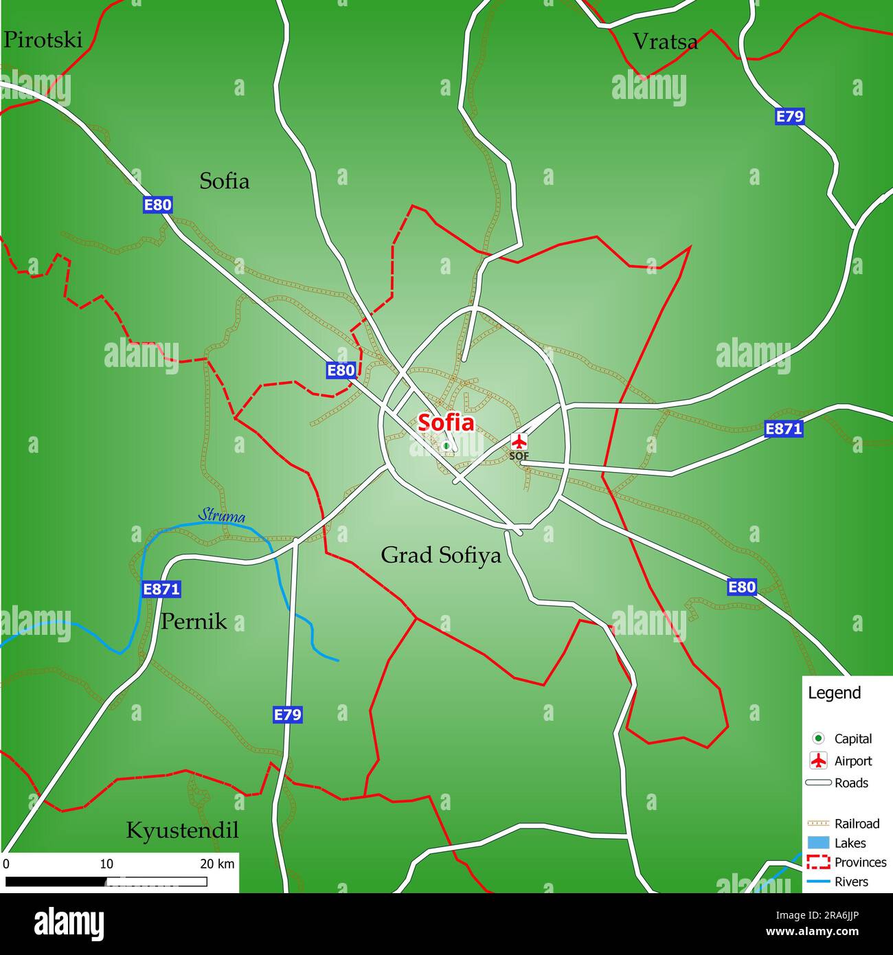 Map of the capital city Sofia with main streets, rivers, lakes, urban ...