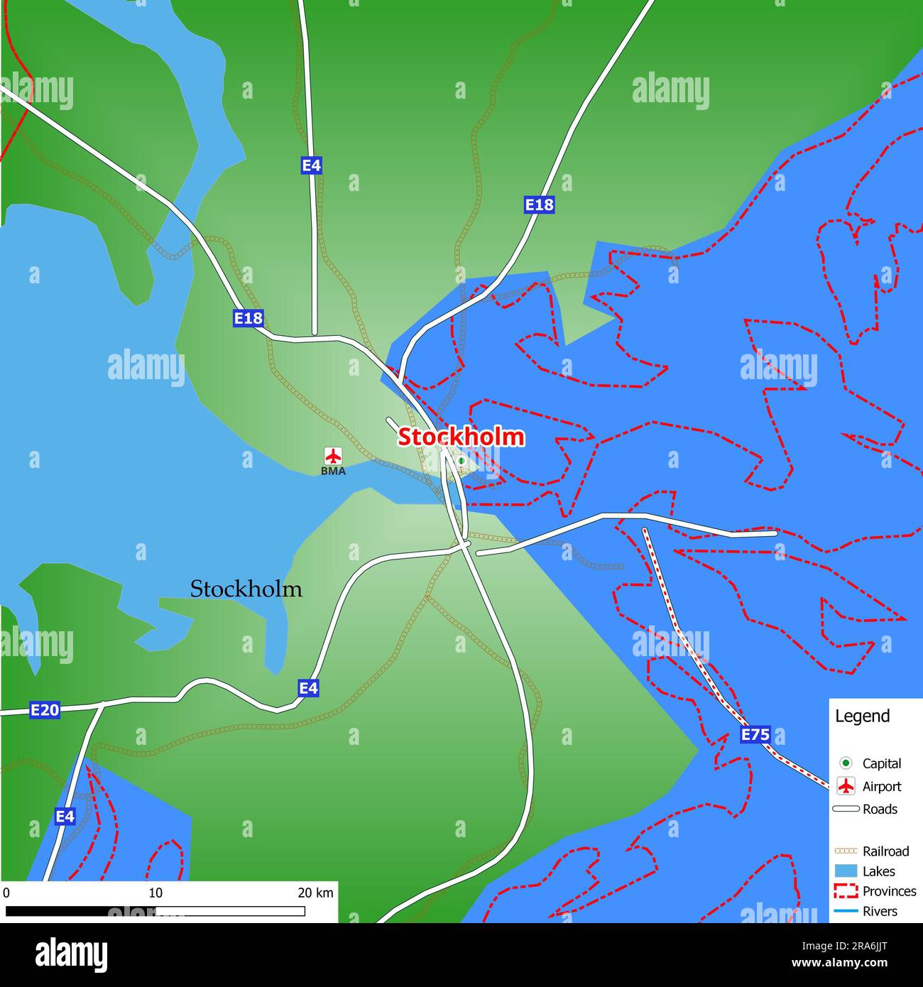 Map of the capital city Stockholm with main streets, rivers, lakes ...
