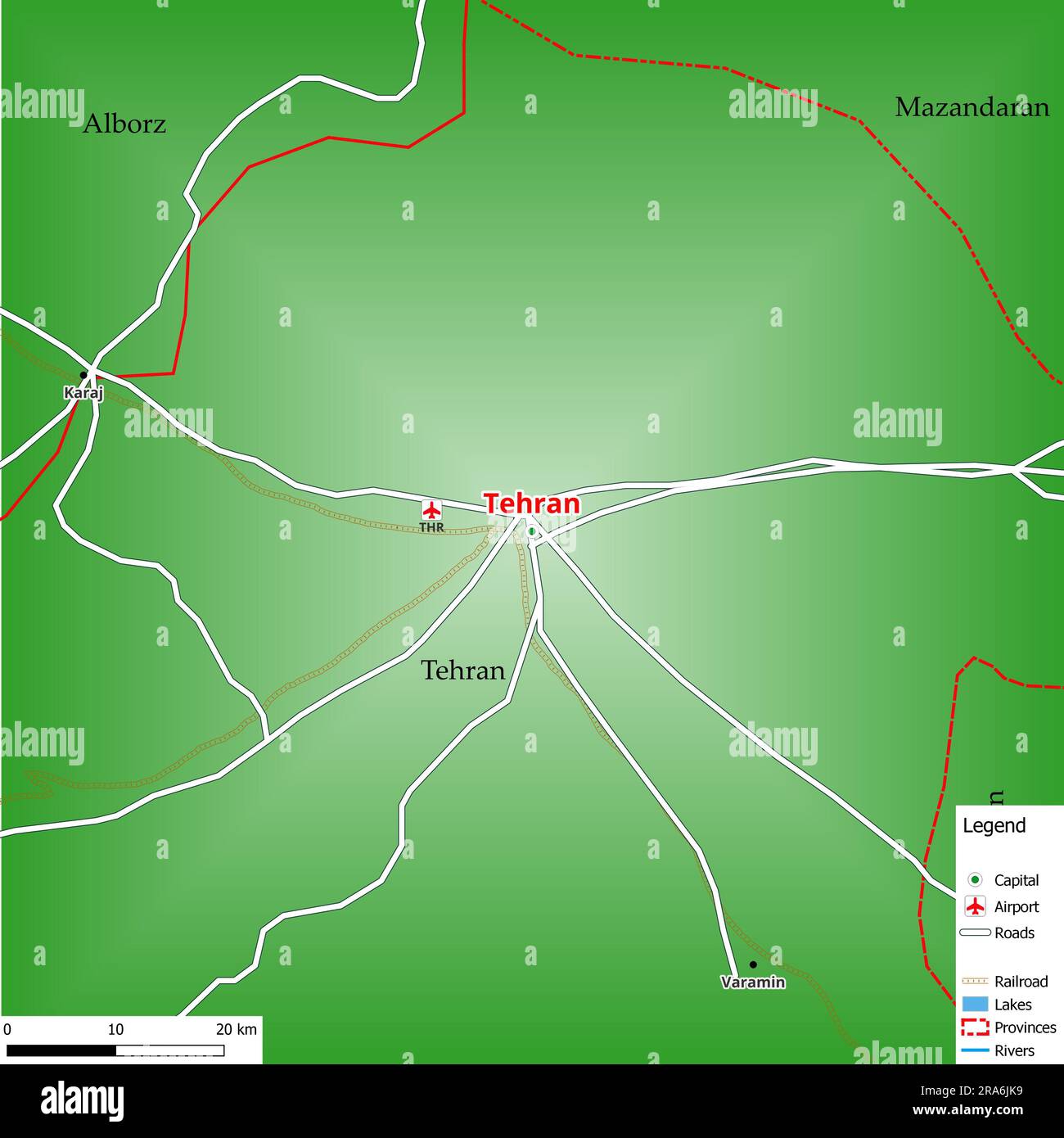 Map of the capital city Tehran with main streets, rivers, lakes, urban ...