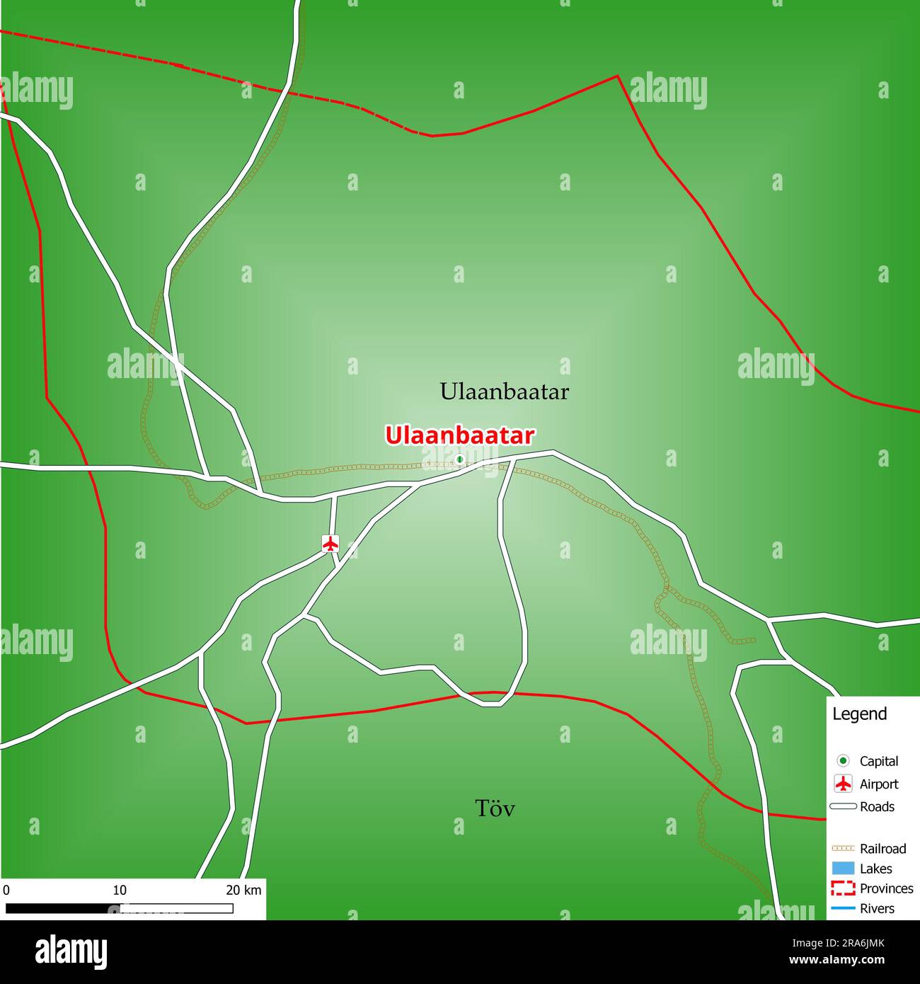 Map of the capital city Ulaanbaatar with main streets, rivers, lakes ...