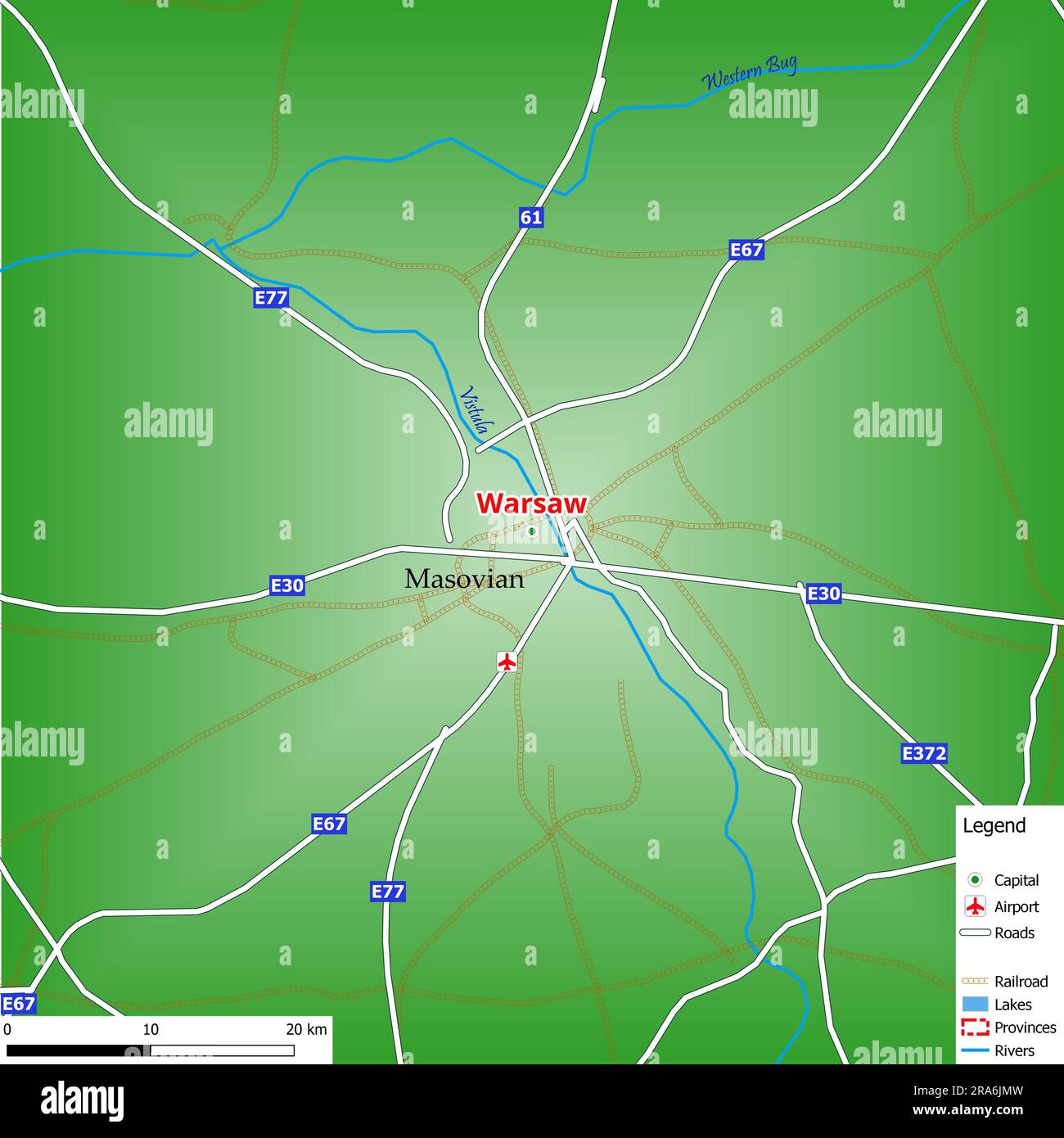 Map of the capital city Warsaw with main streets, rivers, lakes, urban ...