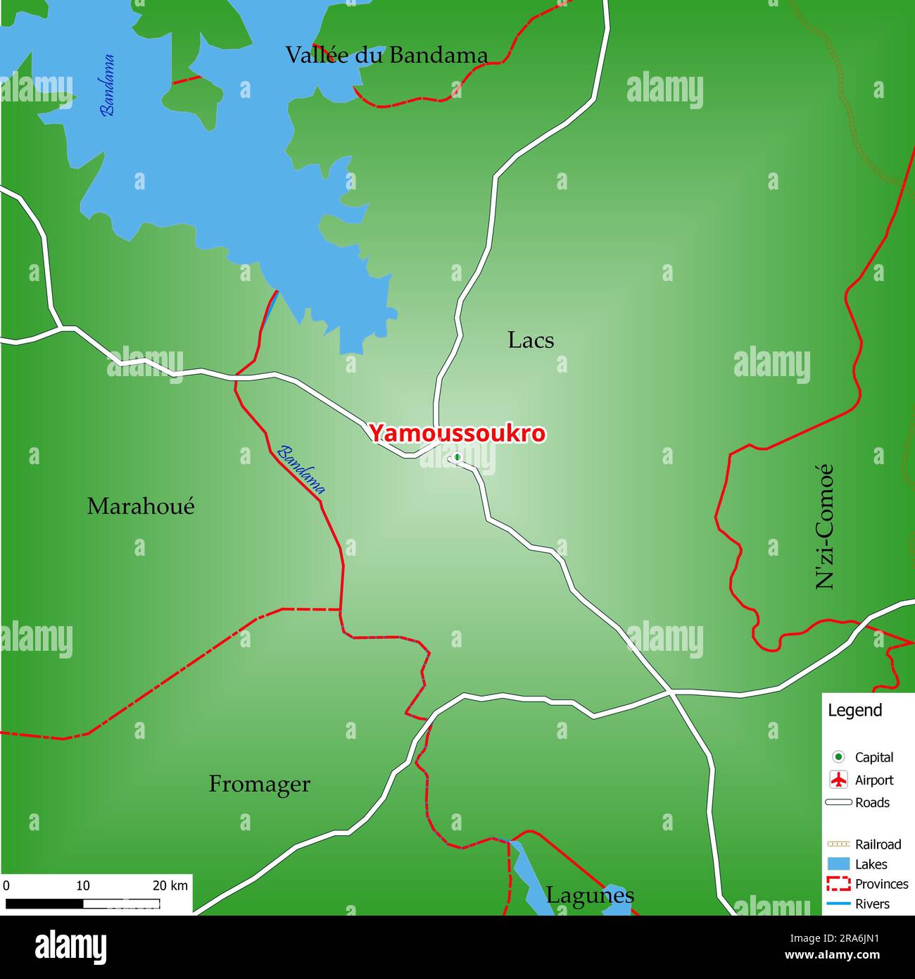 Map of the capital city Yamoussoukro with main streets, rivers, lakes ...