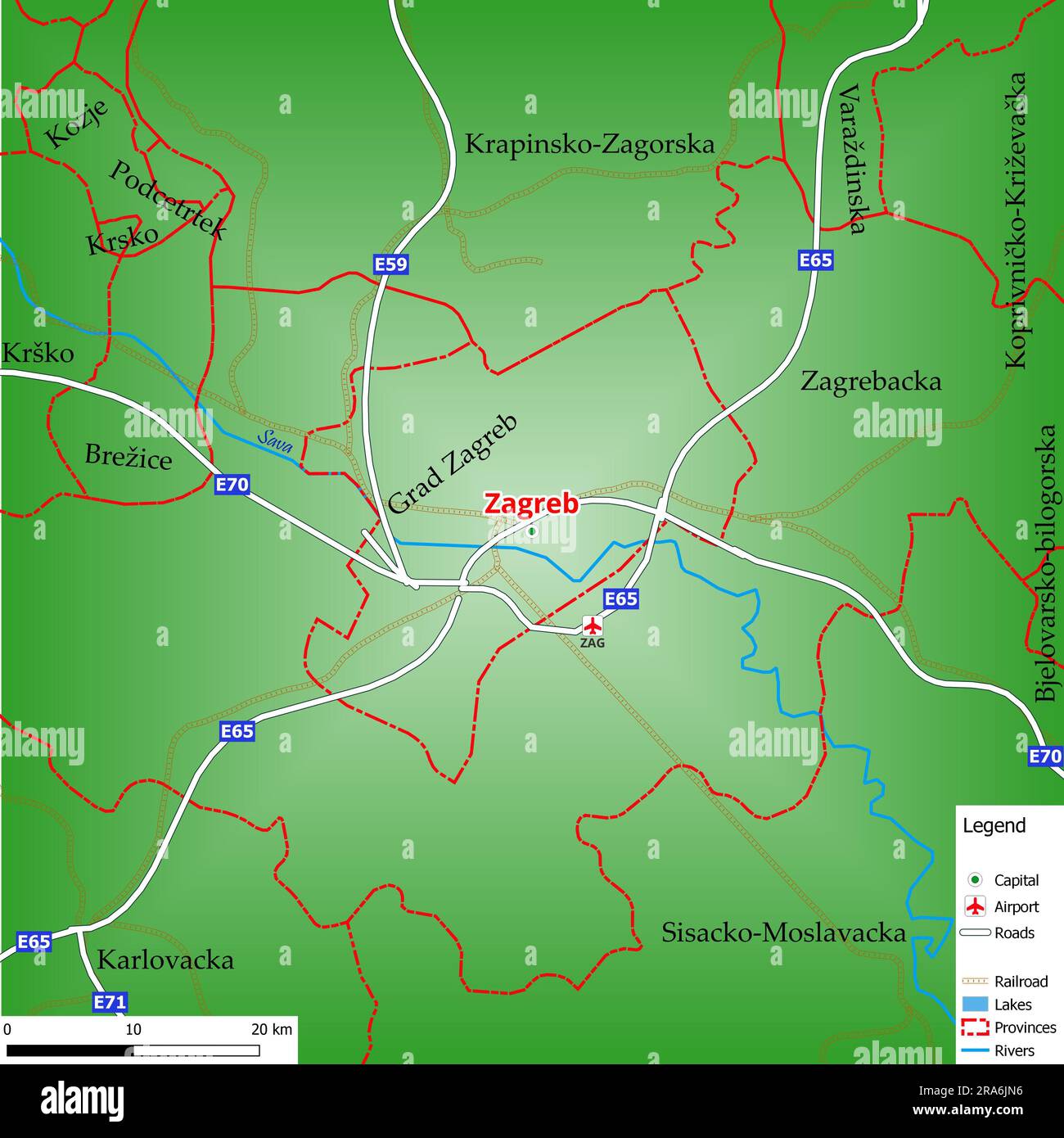 Map of the capital city Zagreb with main streets, rivers, lakes, urban ...