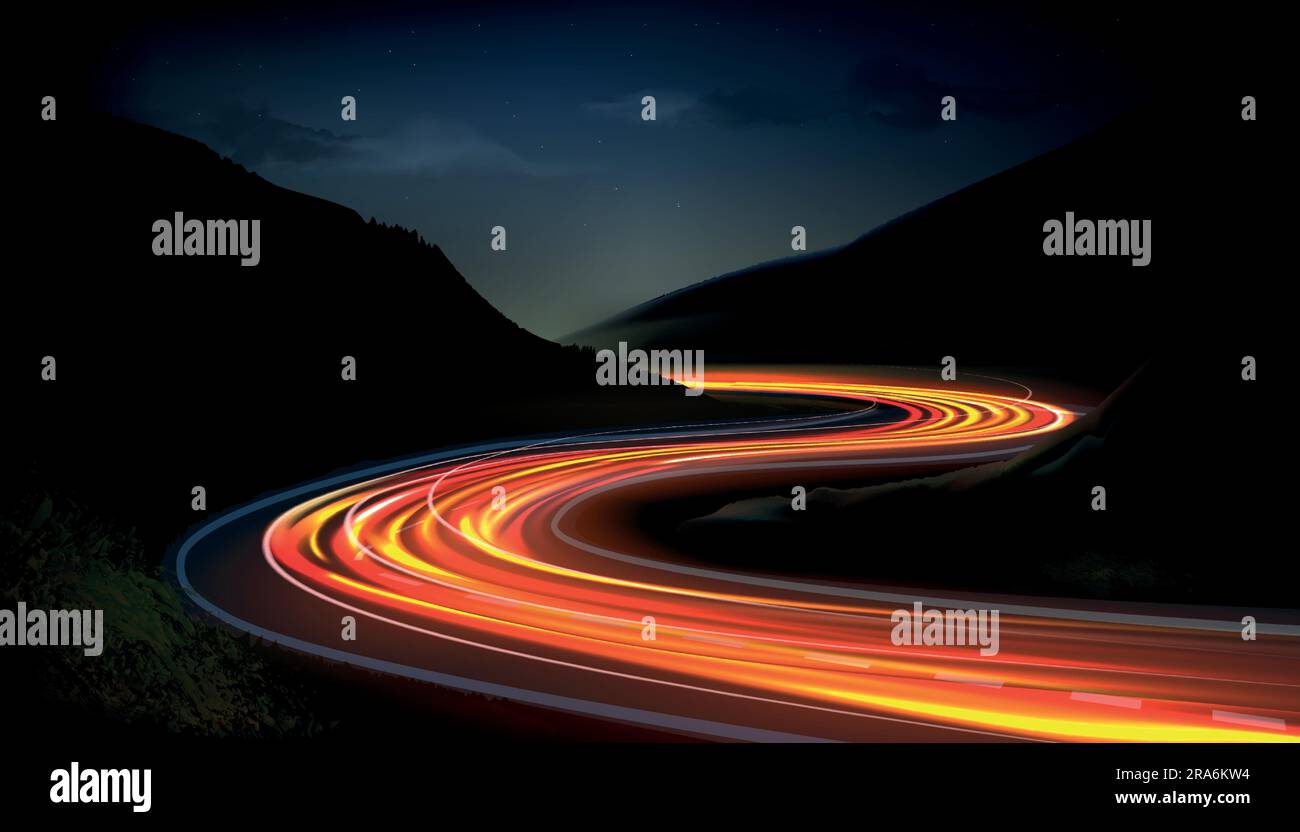 Car speed lights. Glowing trail, highway road line, fast and long night ...