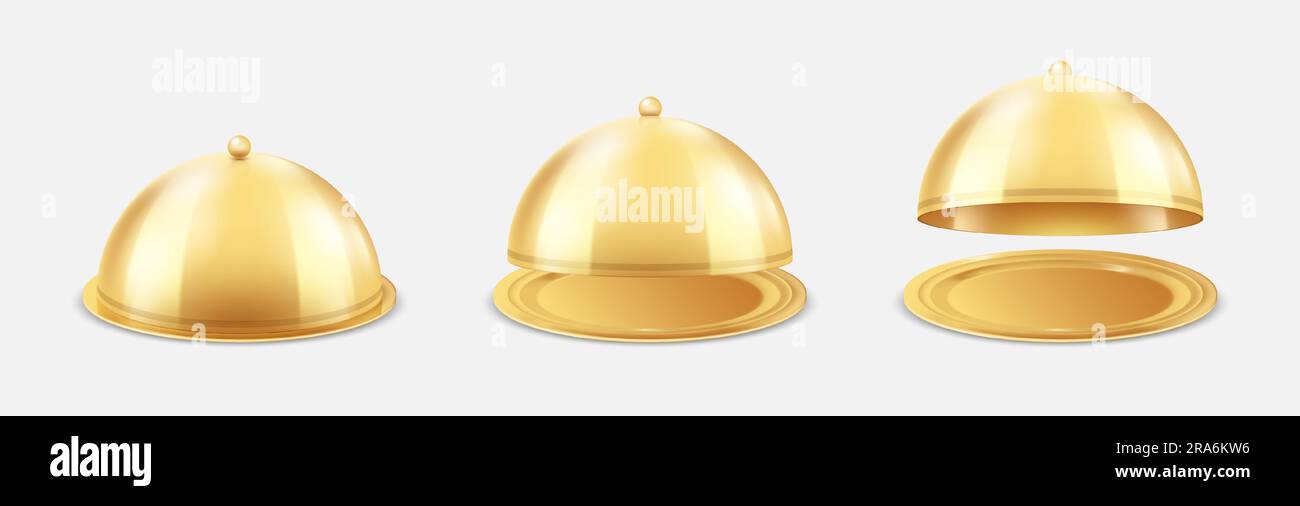 Gold tray. Empty cloche. 3D restaurant food bell. Golden meal dish with glossy dome. Open plate ...