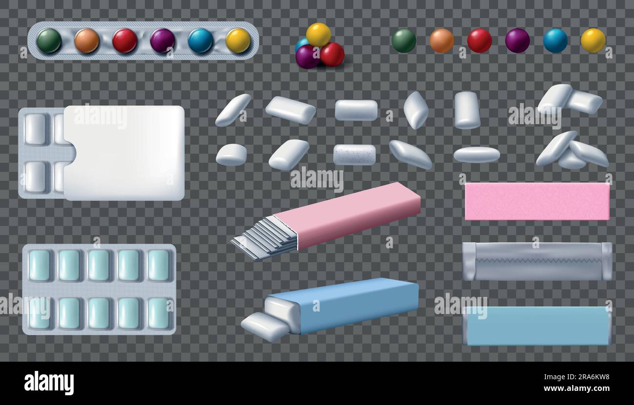 Chewing gum pack. Bubble balls. Blister and wrapper. Realistic candy in ...