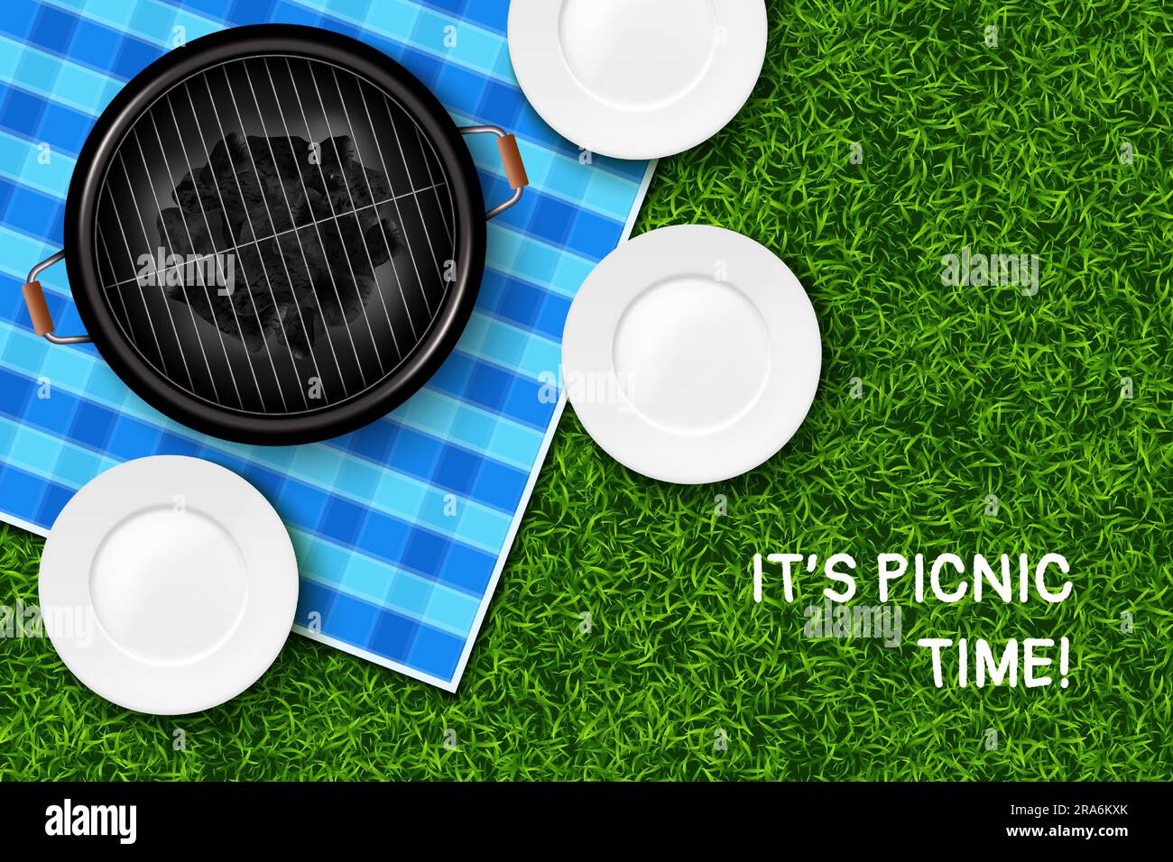 Picnic time. Summer BBQ on park grass lawn. Barbecue spring poster. 3D ...