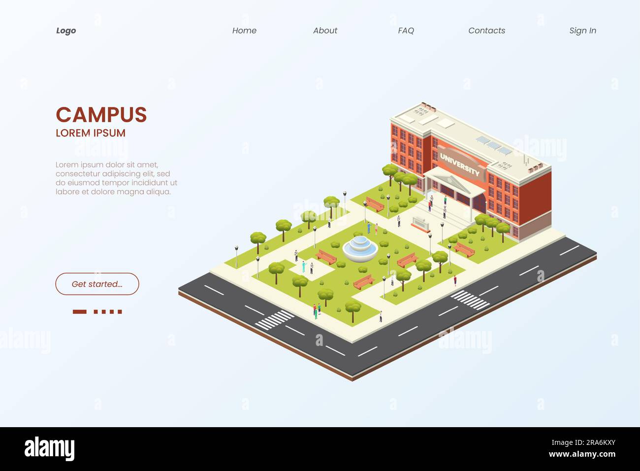 Isometric university campus. Landing page. Students education. School yard. College studying ...