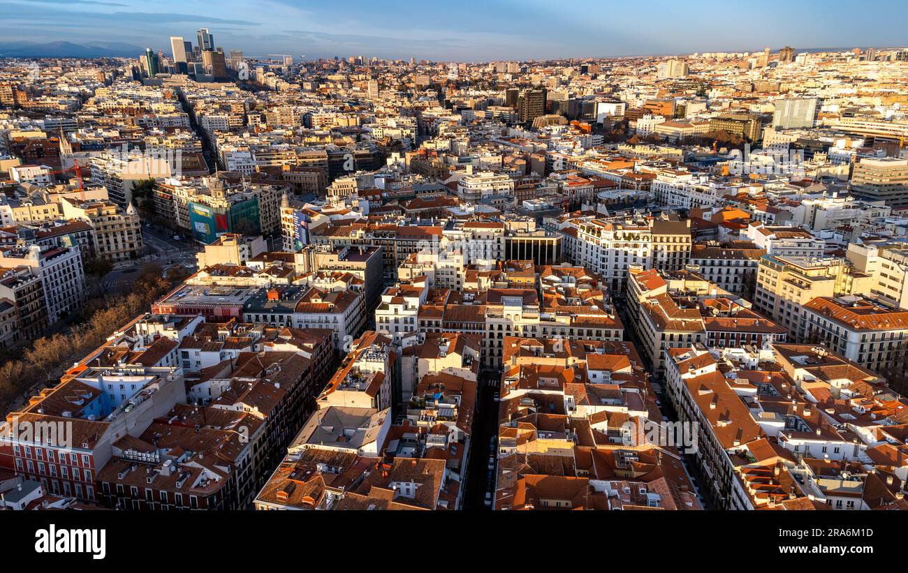 Aerial image of Madrid shot with a drone over the Justicia neighborhood ...