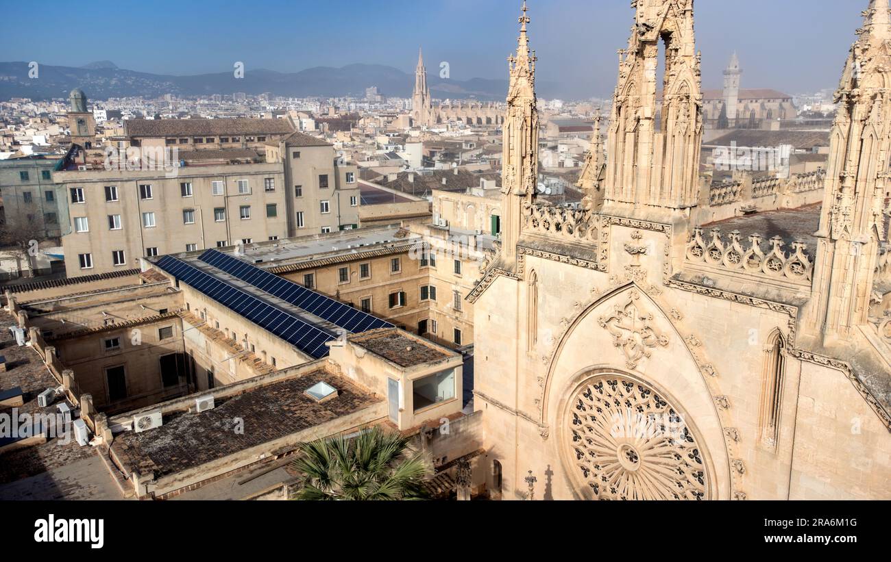 Aerial drone capture overlooking the historic skyline of Palma de ...