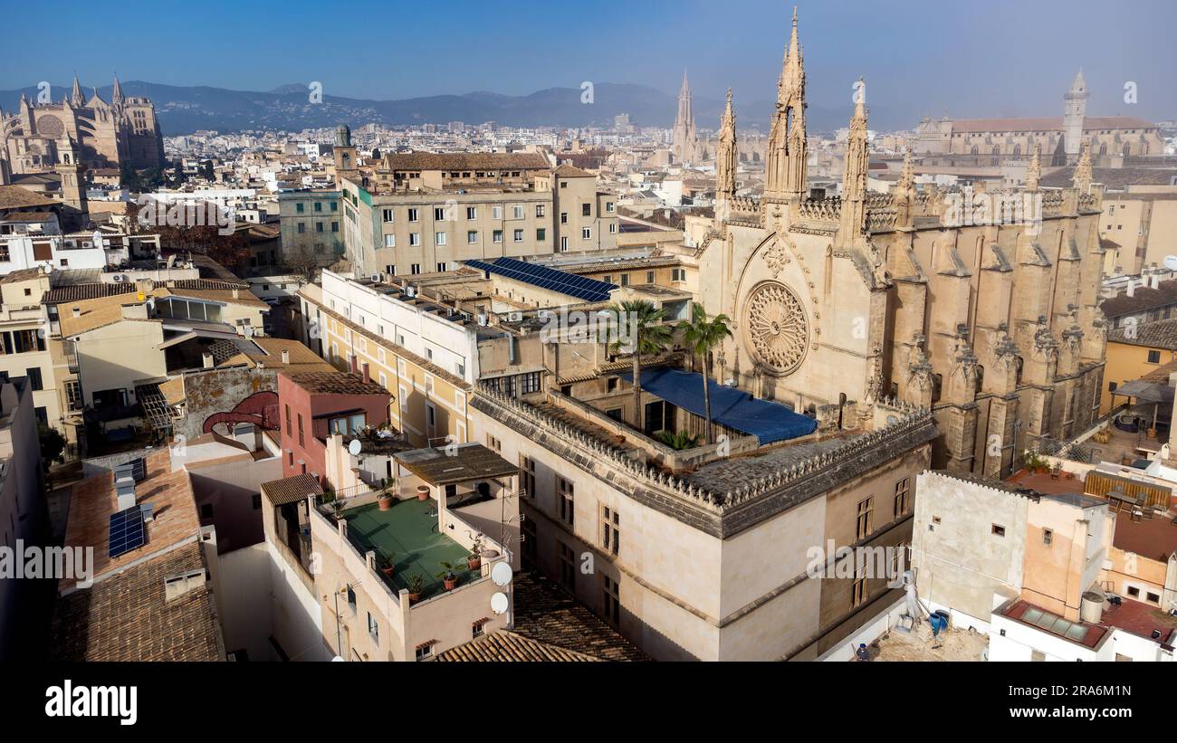 Aerial drone capture overlooking the historic skyline of Palma de ...