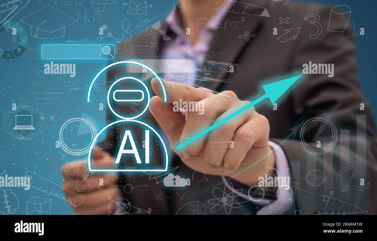 Businessman holding hologram digital chatbot, chat GPT, robot application, conversation ...