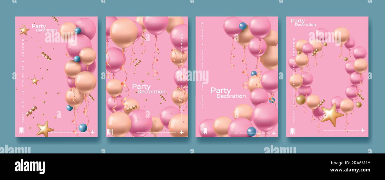 3d balloons. Happy birthday posters, cute pink celebrate objects ...