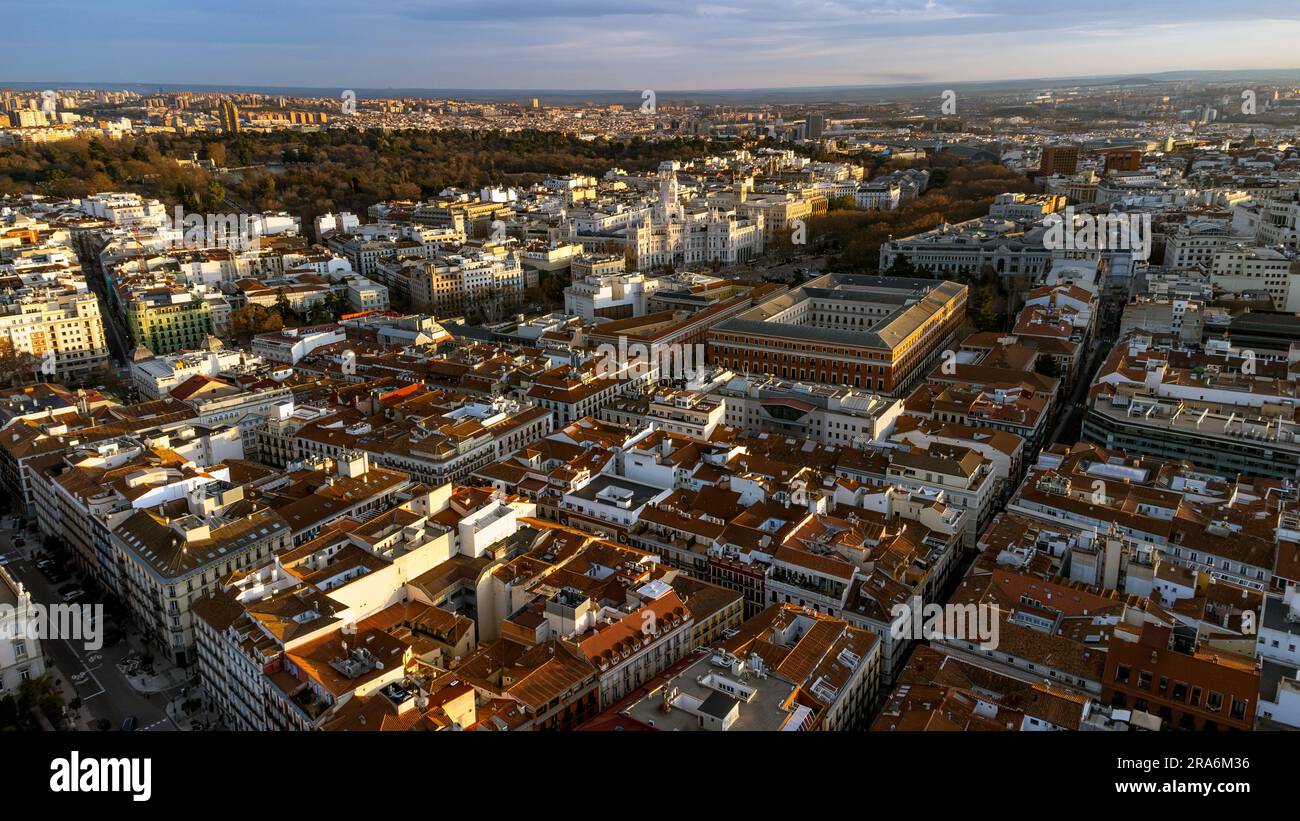 Aerial image of Madrid shot with a drone over the Justicia neighborhood ...