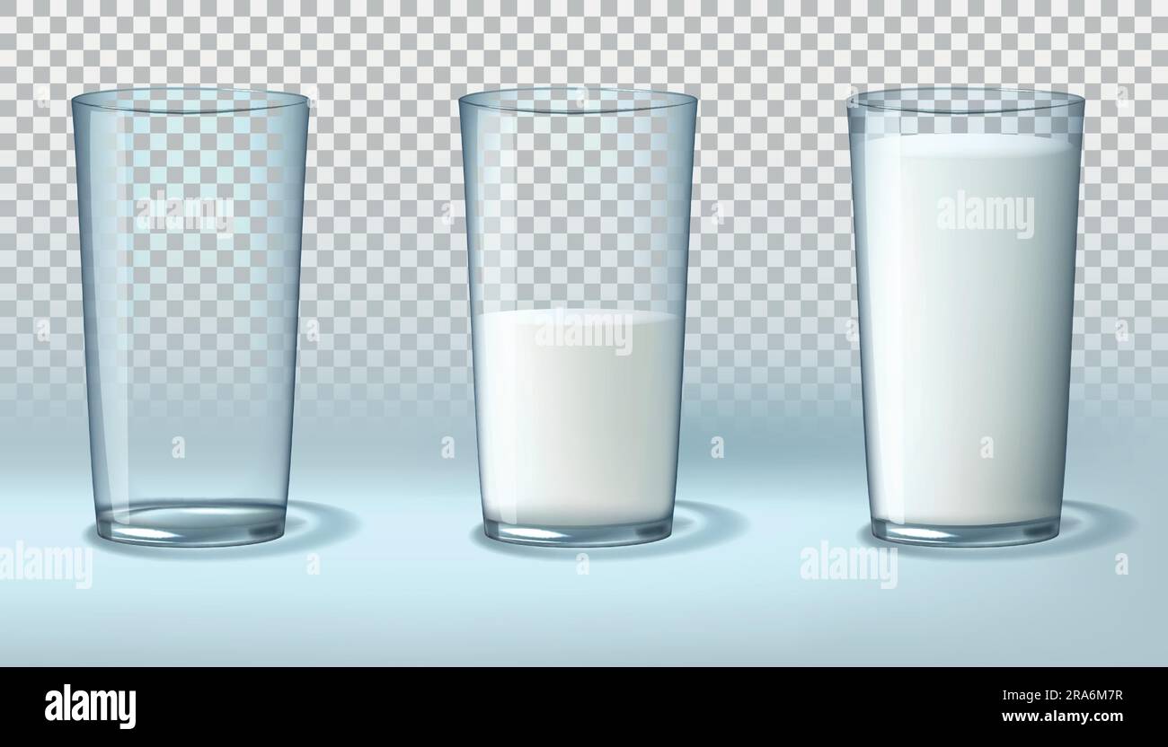 Milk glass. Half cup, empty and full, transparent water drink, cow ...
