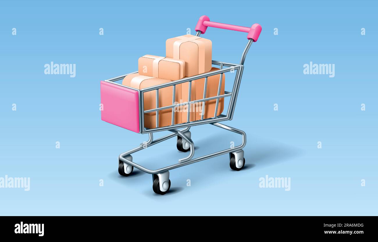 3D shop cart. Shopping trolley. Online ecommerce. Full render basket ...