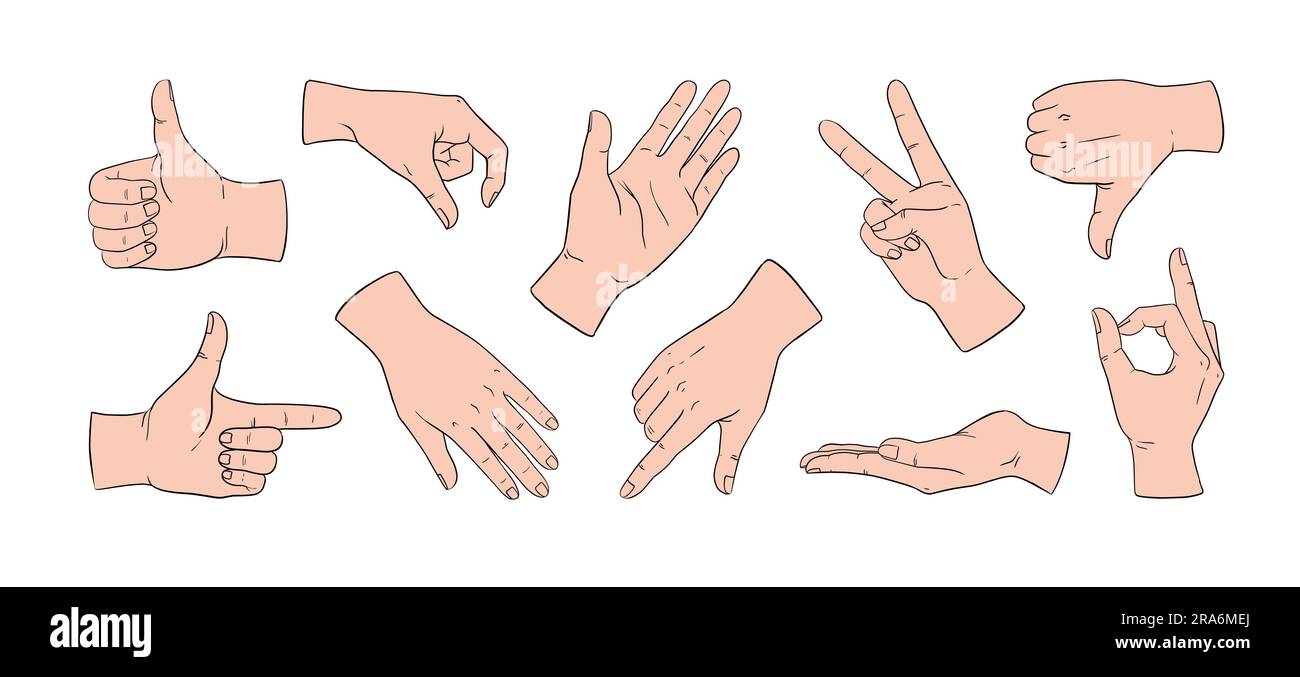 Hand gestures. Human fingers position. Press or point. Two body thumbs gesturing. Arms line ...