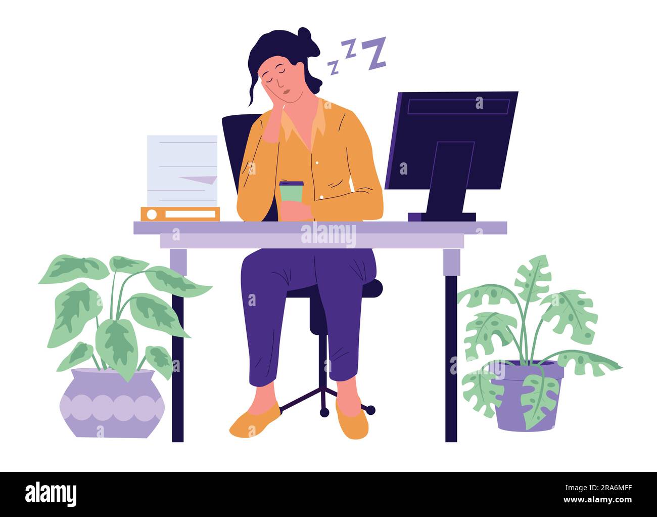 Tired woman. Stressed and burnout worker sleeping at workplace ...