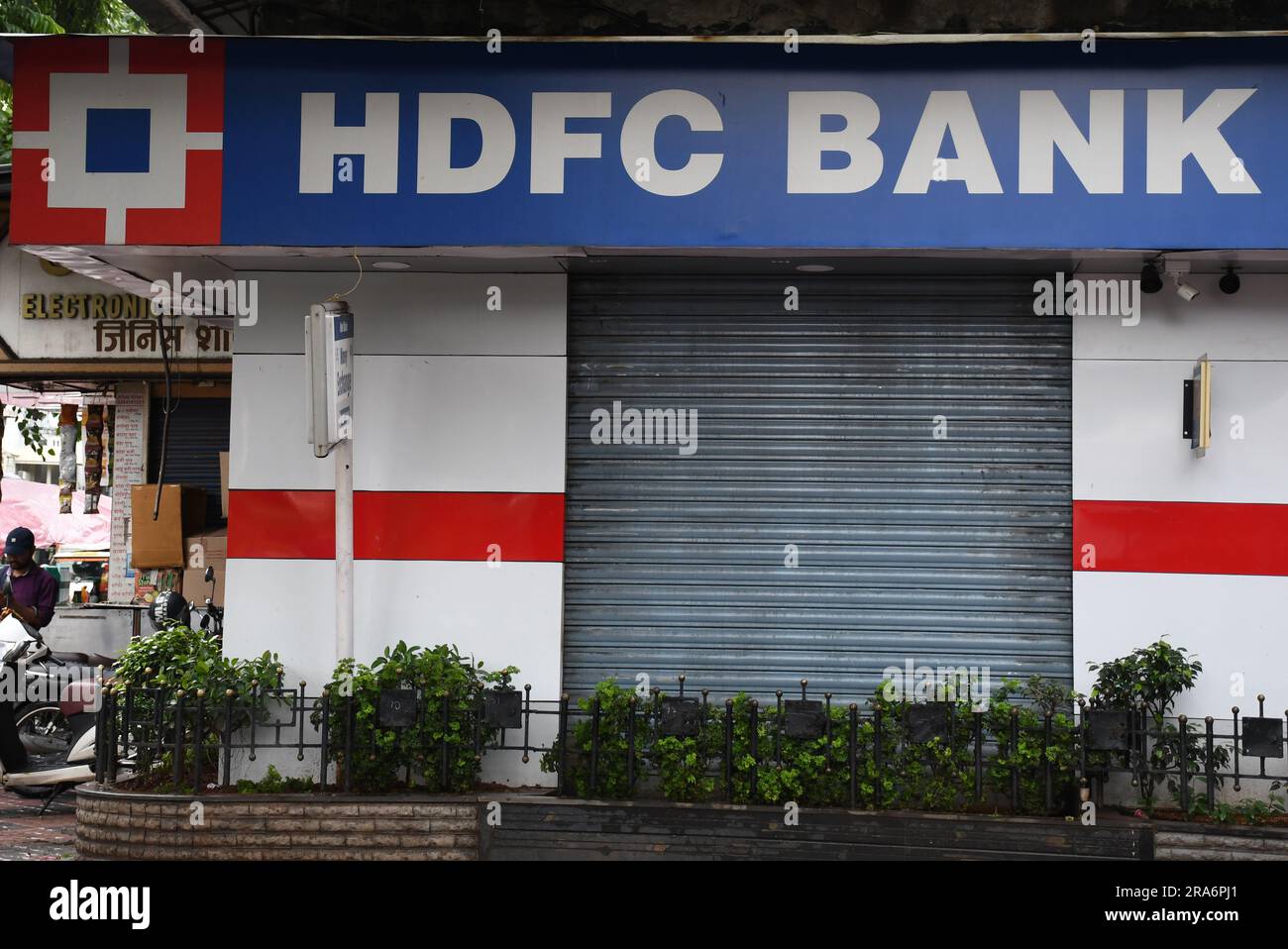 Mumbai, India. 01st July, 2023. HDFC logo is seen outside HDFC bank ...