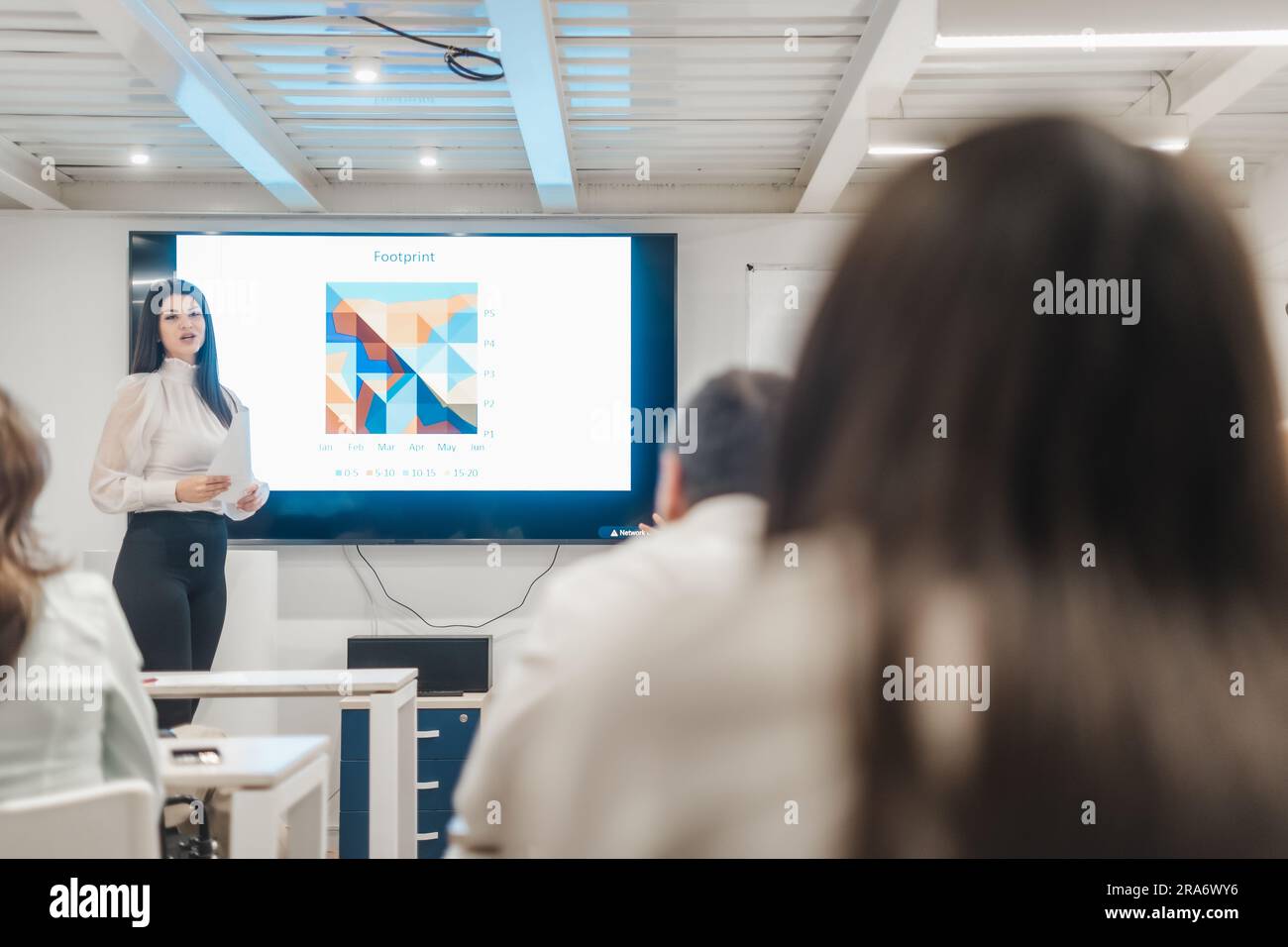 Female analyst holding a speech to a group of economists. Presenting ...