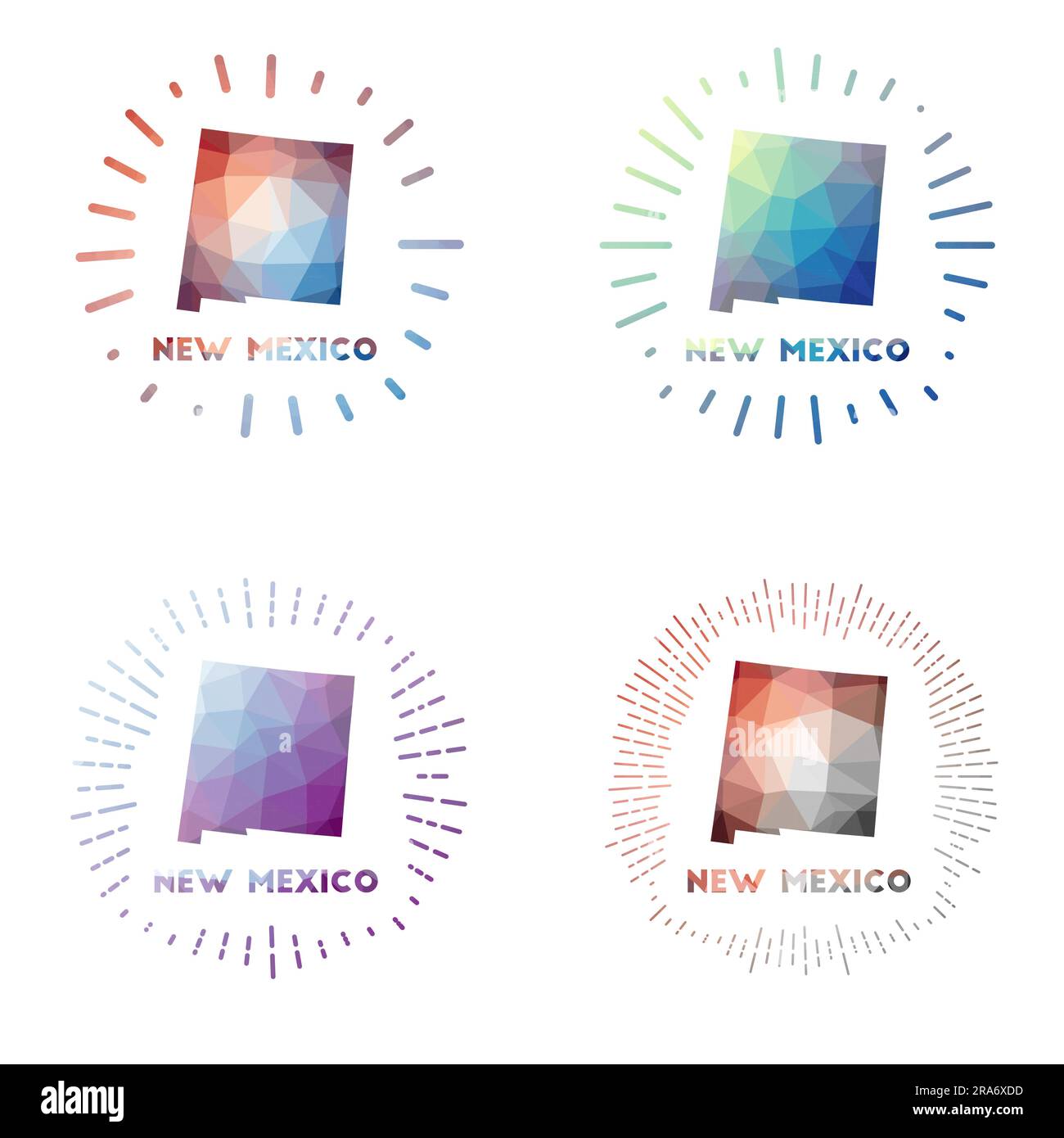 New Mexico low poly sunburst set. Logo of US state in geometric ...