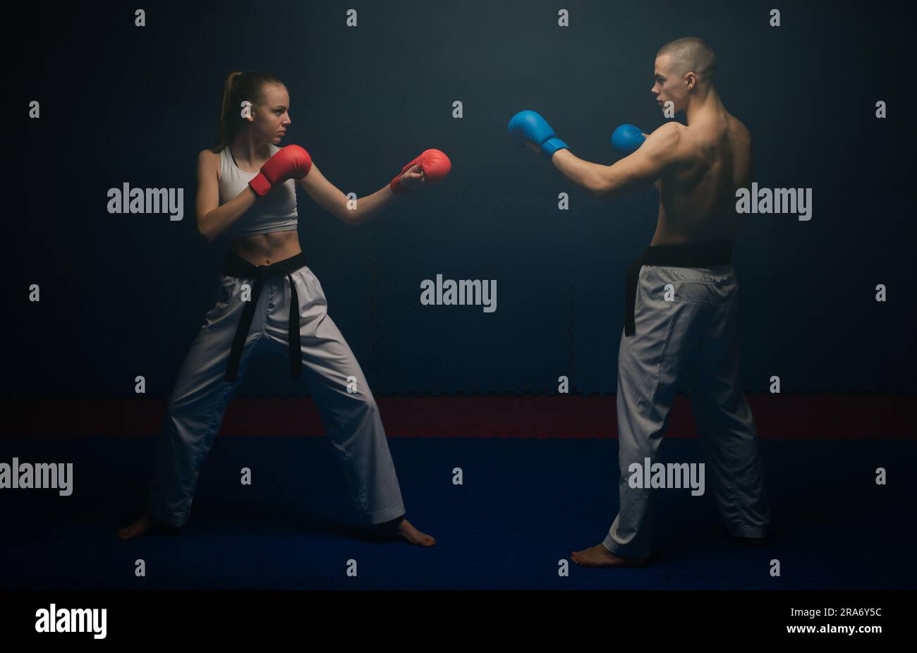 Young good looking karatists doing some karate pose while standing at ...