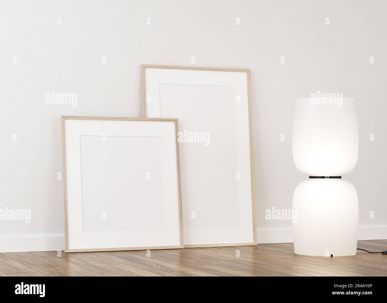 3d Render of white frames in light plaster wall and wood floor Stock ...