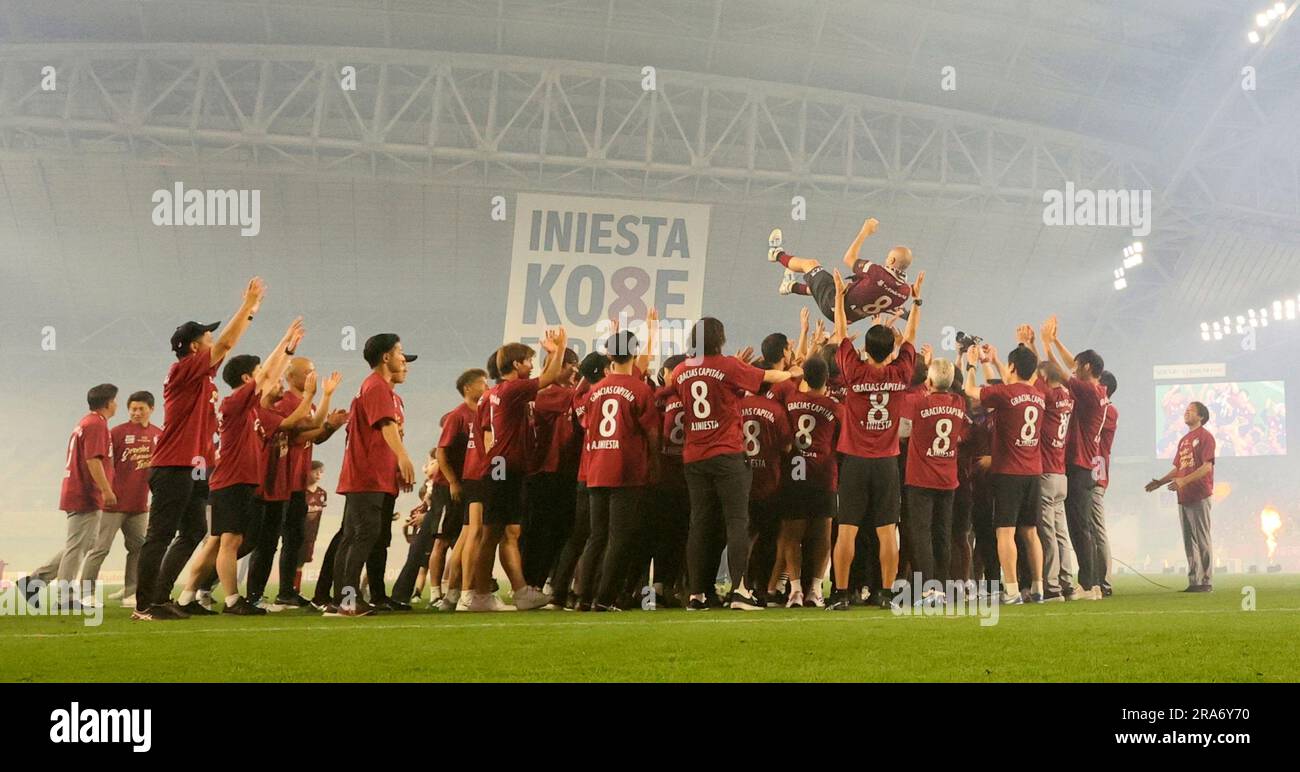 Spanish Andres Iniesta of Vissel Kobe is lifted up in the air for ...