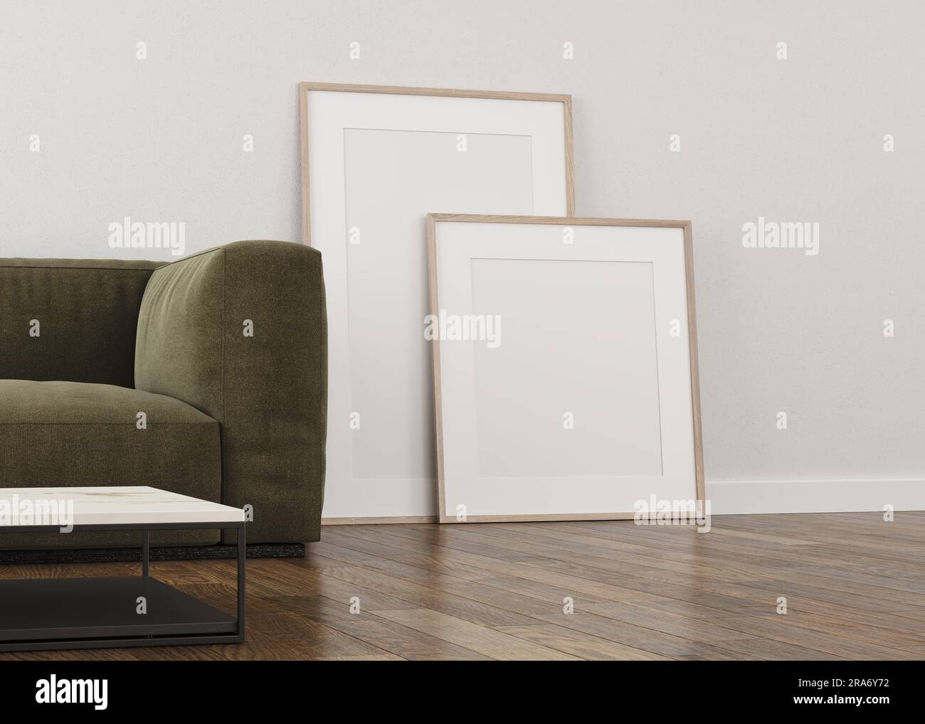 3d Render of white frames in light plaster wall and wood floor Stock ...