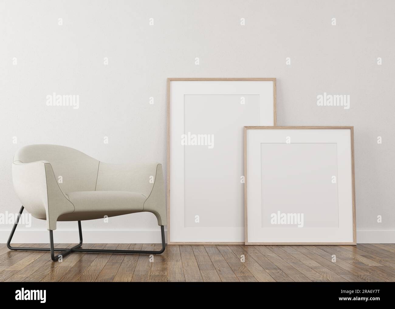 3d Render of white frames in light plaster wall and wood floor Stock ...